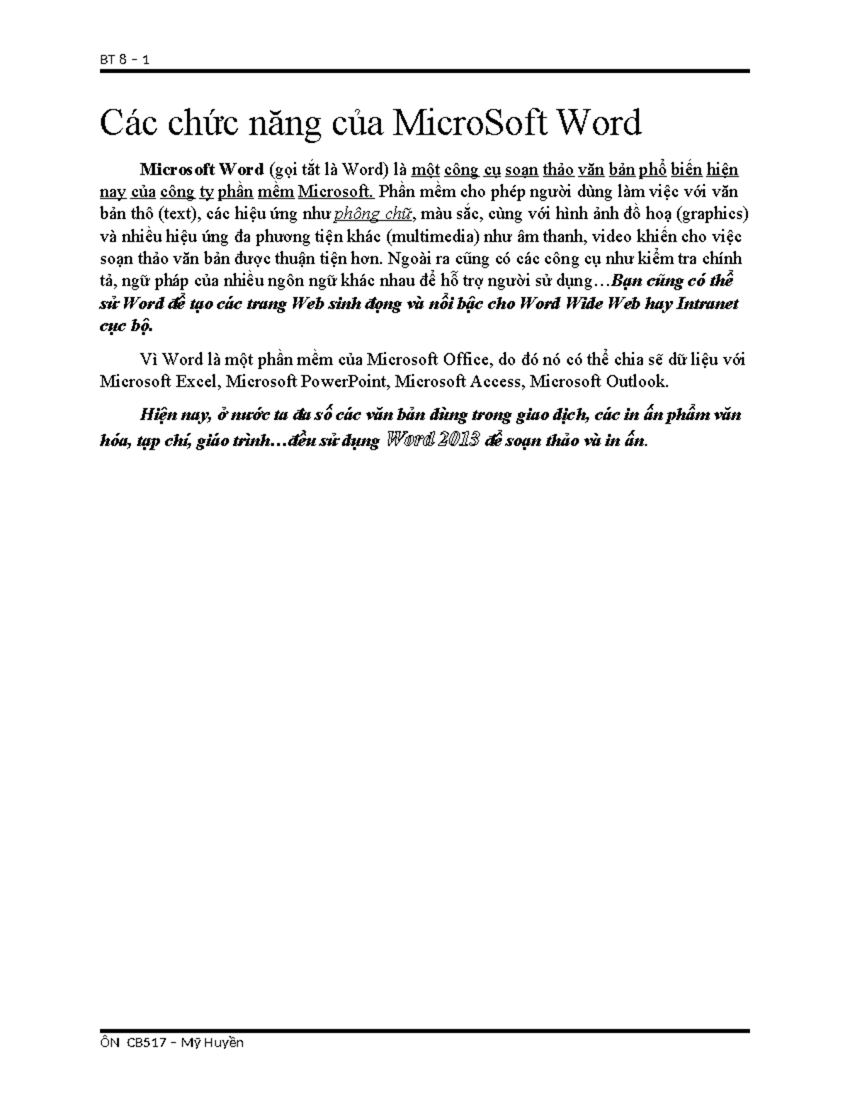 BÀI TẬP 8 - Thực hành tin học - Các chức năng của MicroSoft Word ...