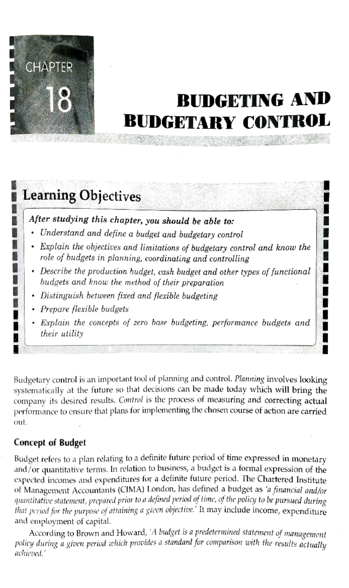 Budget - CHAPTER 18 BUDGETING AND BUDGETARY CONTROL Learning Objectives ...