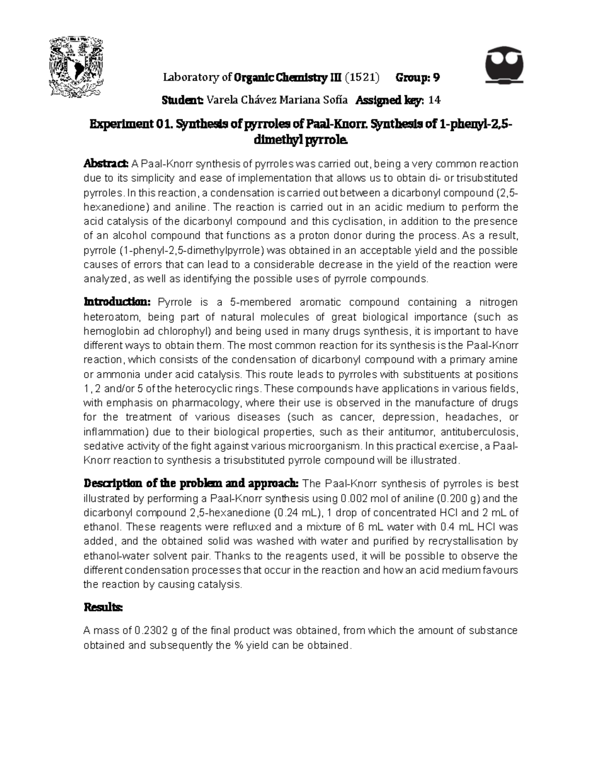 Experiment 01. Synthesis of pyrroles of Paal-Knorr - Laboratory of ...