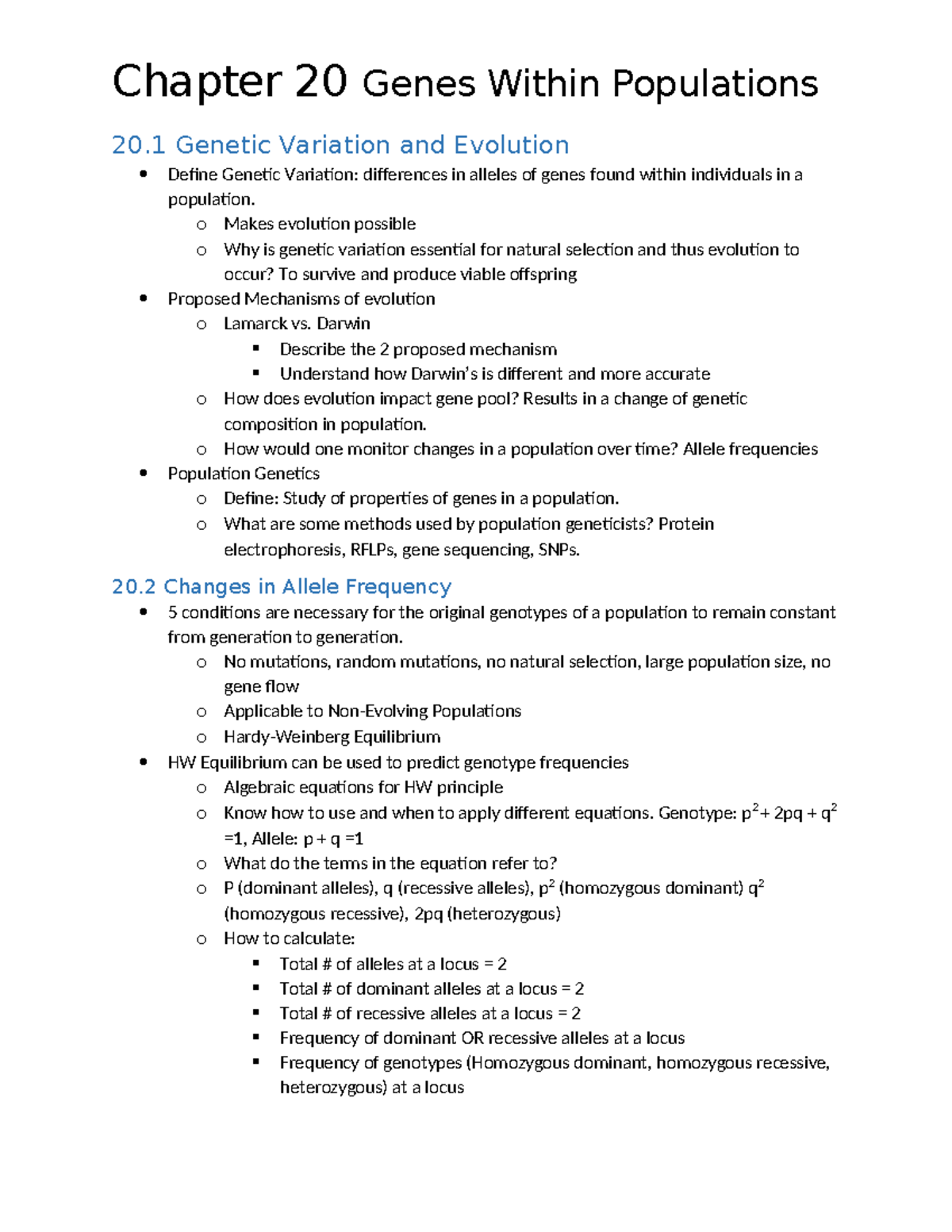 Chapter 202024 - dr. waggett - Chapter 20 Genes Within Populations 20 Genetic Variation and ...