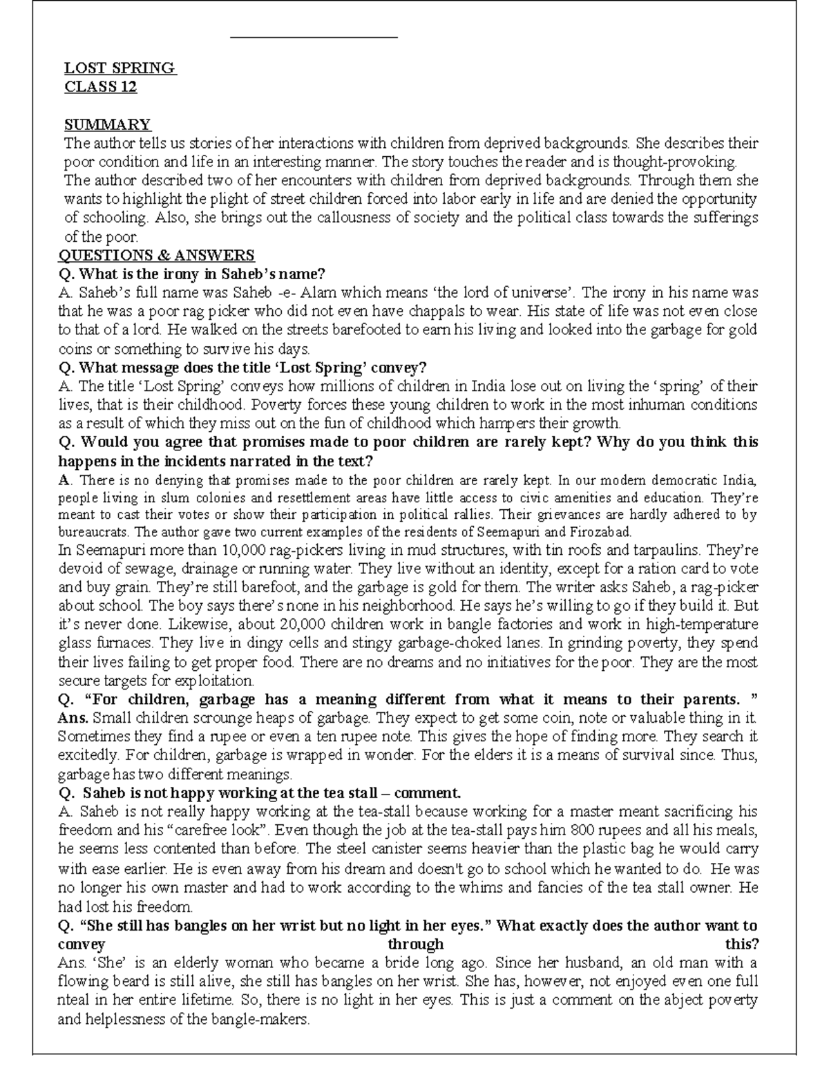 LOST Spring - LOST SPRING CLASS 12 SUMMARY The author tells us stories ...