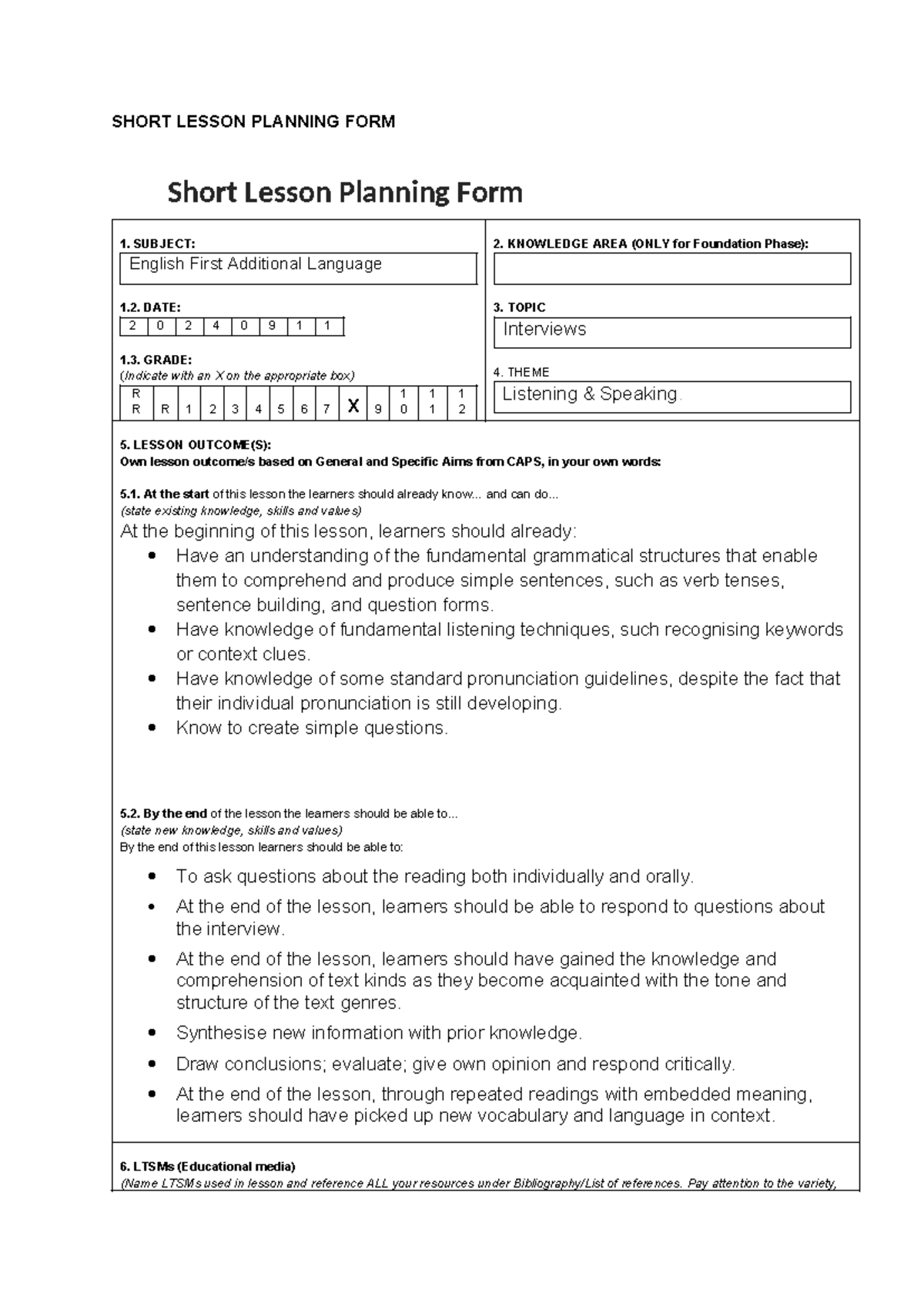 JME 200 Lesson Plan - SHORT LESSON PLANNING FORM 1. SUBJECT: English ...
