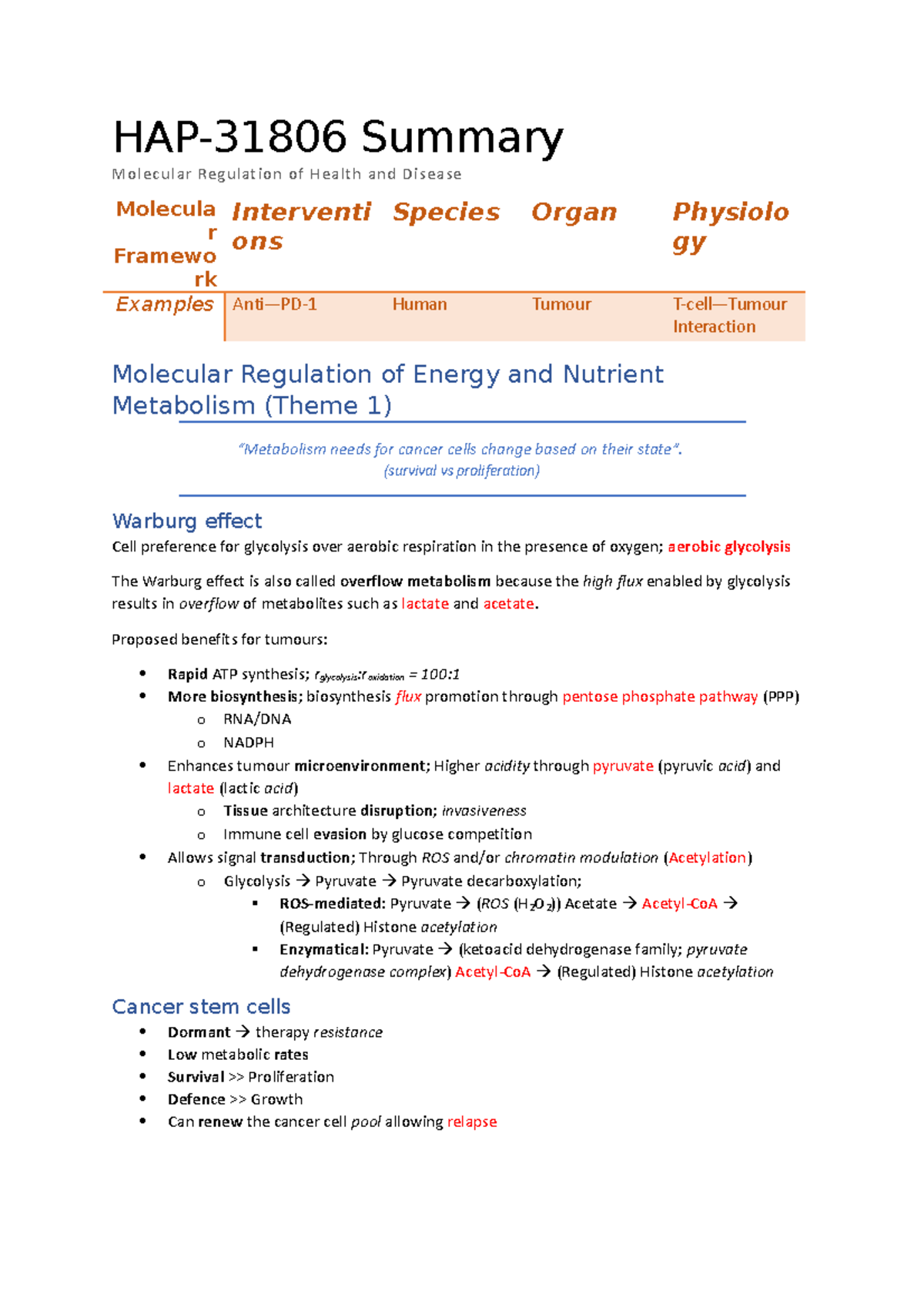 Summary Theme 1 - HAP-31806 Summary Molecular Regulation of Health and Disease Molecula r ...