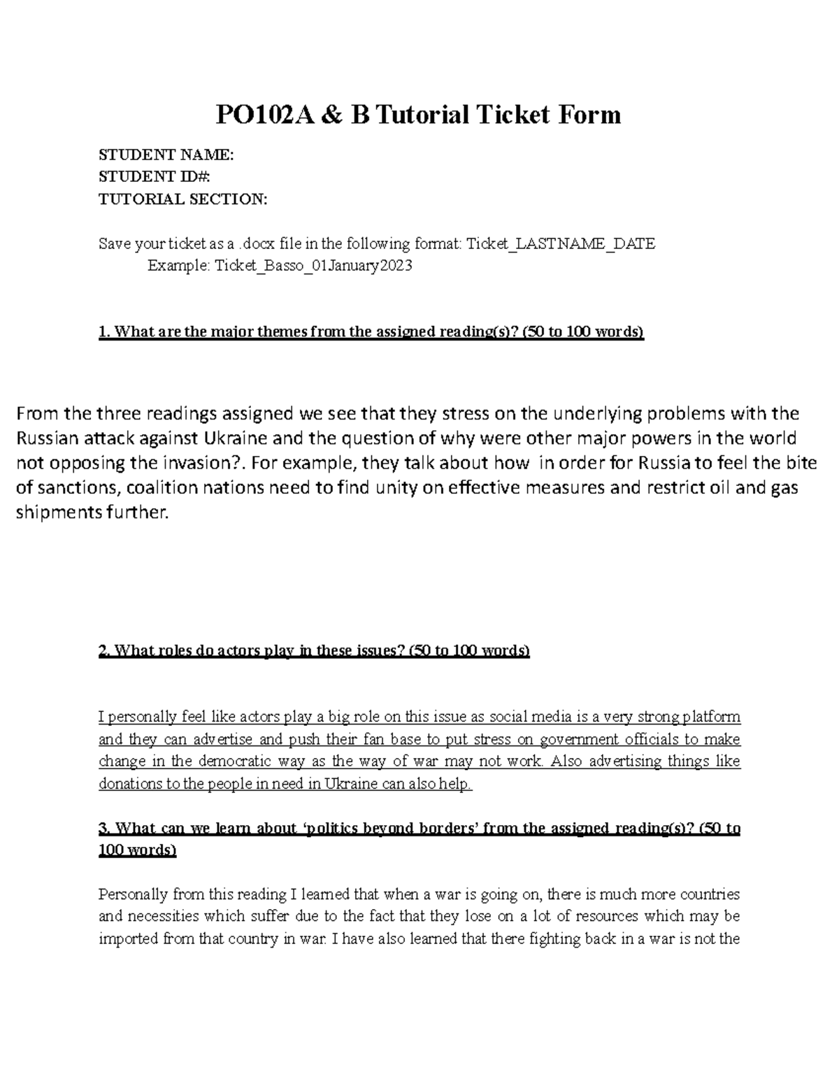 Tutorial 1 - PO102A & B Tutorial Ticket Form STUDENT NAME: STUDENT ID ...