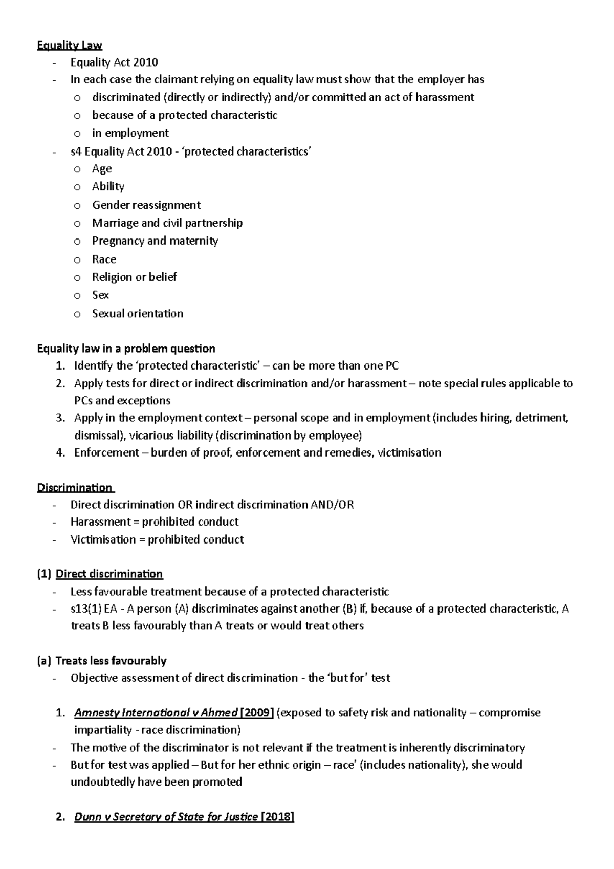 Employment law notes 3 - Equality law - Equality Law - Equality Act ...