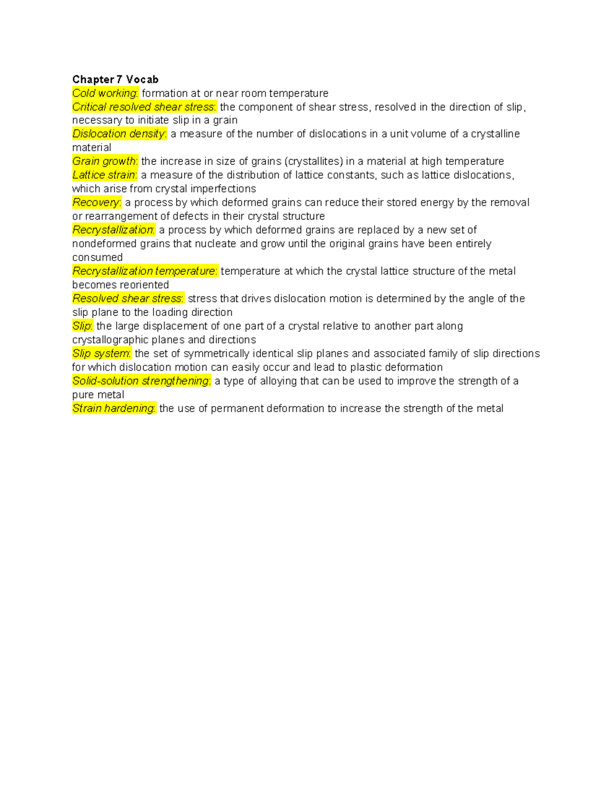 Structures and Properties of Materials Chapter 7 - Chapter 7 Vocab Cold ...