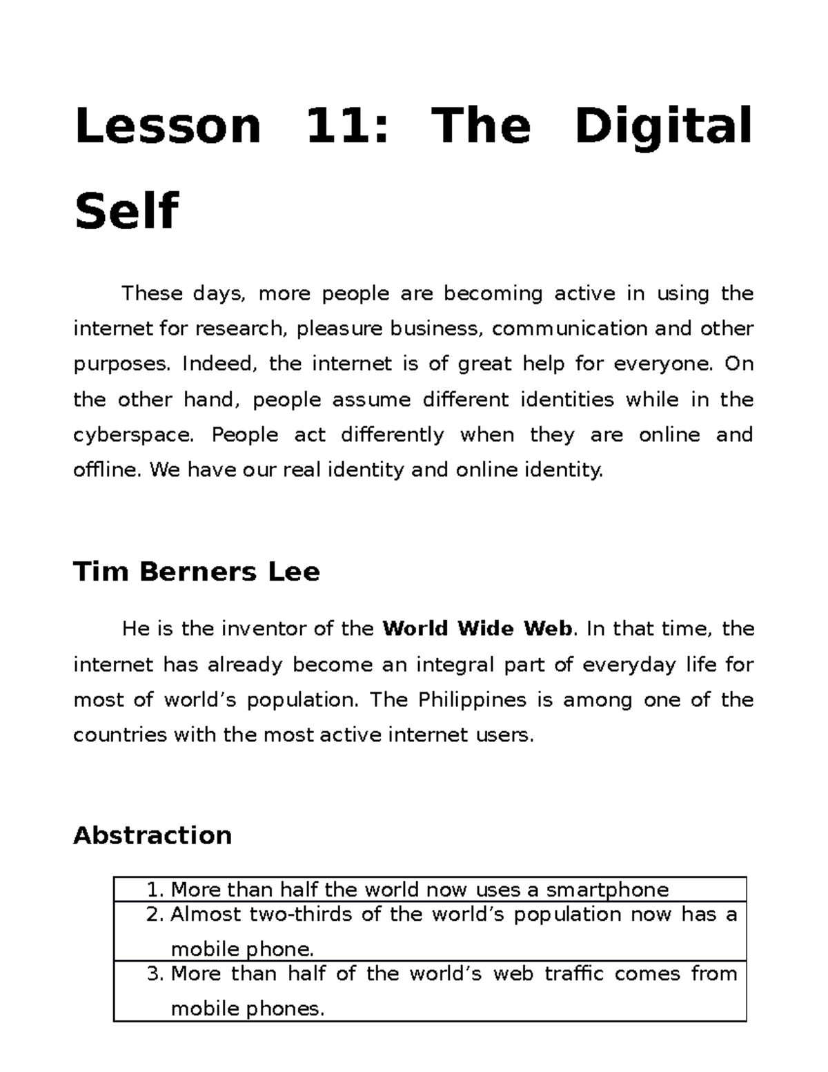 Lesson 11- The Digital Self - Lesson 11: The Digital Self These days ...