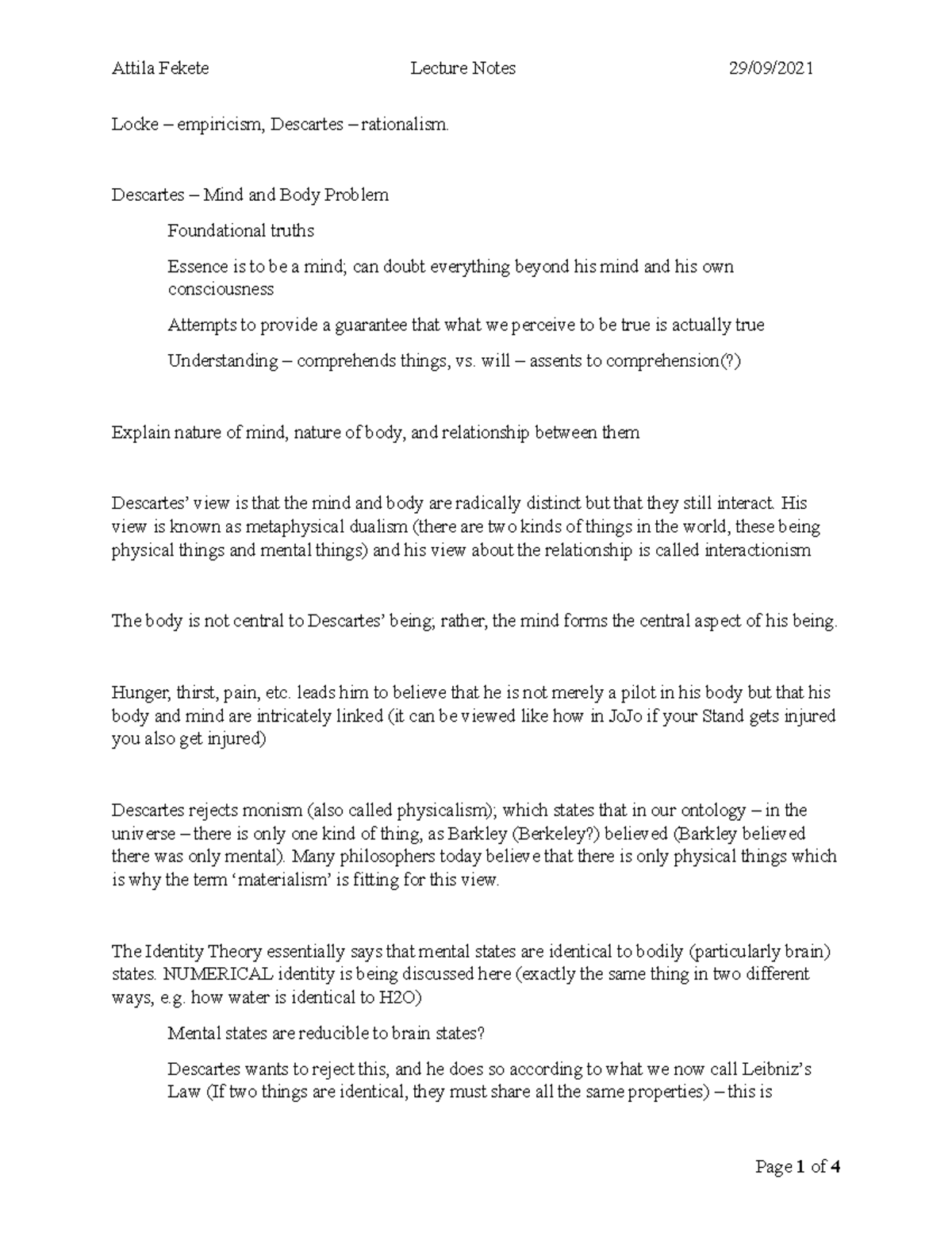 Week 4 Notes - Rene Descartes into John Locke - Locke – empiricism ...