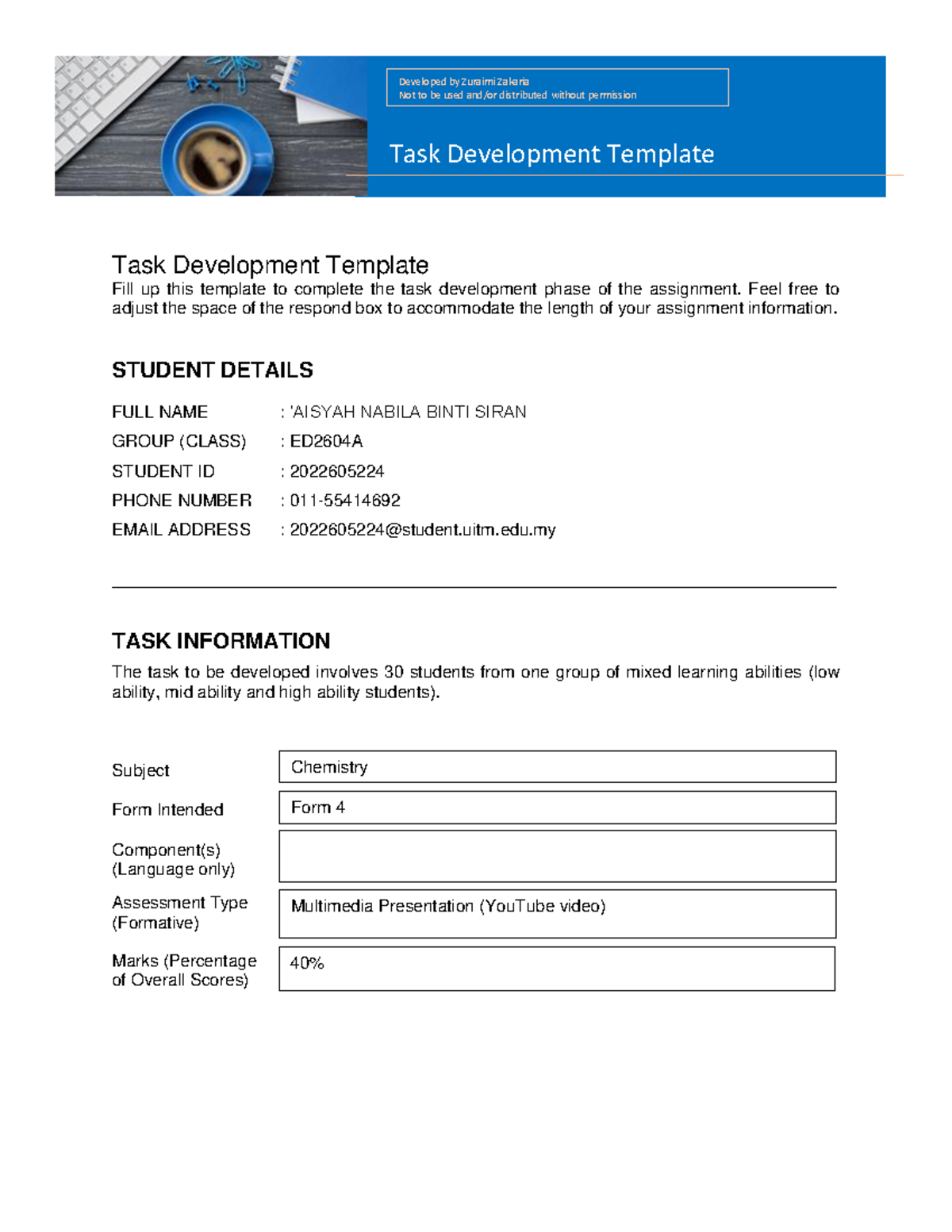 Assignment 1 Template 1 TASK Development - Task Development Template ...