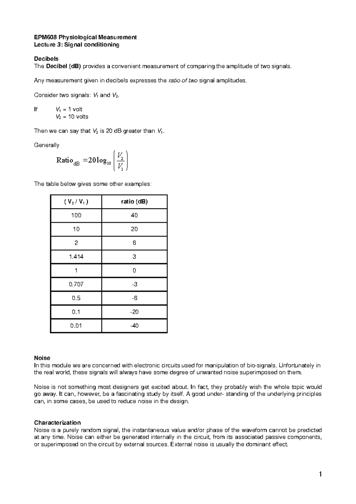 Lecture 3 - Signal Conditioning - EPM608 Physiological Measurement Lecture 3: Signal ...