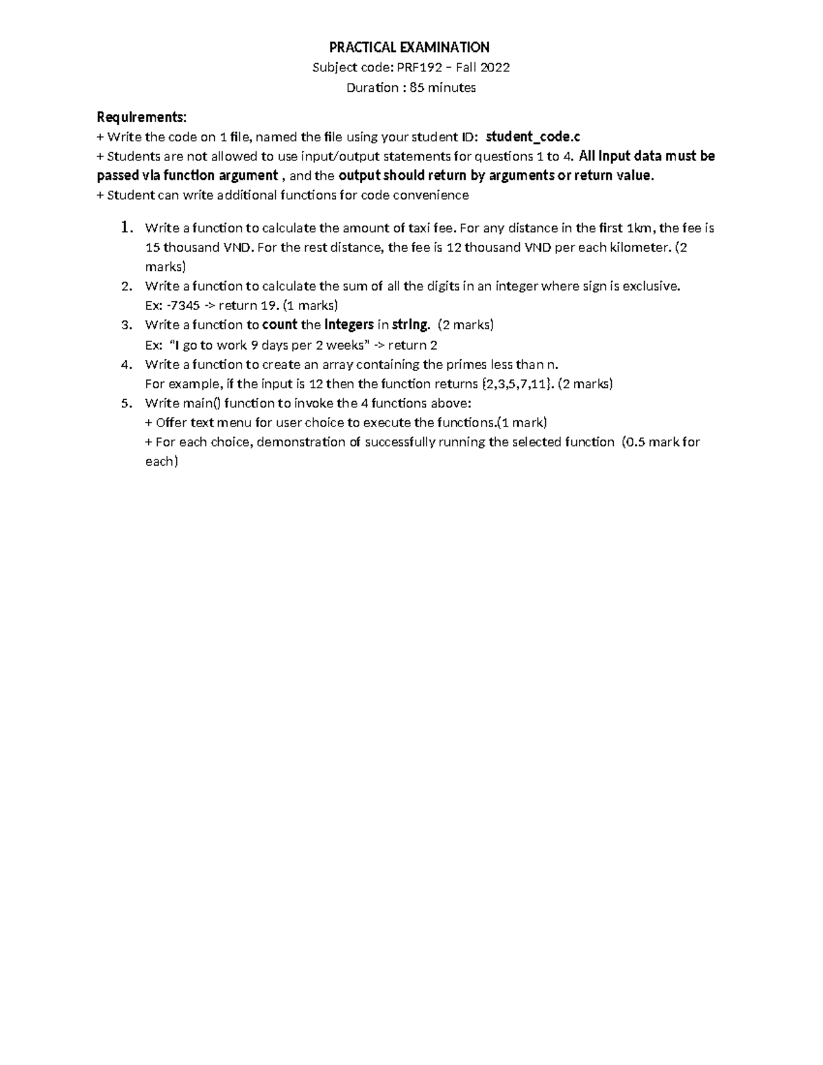 PRF192 PE1 FA22 De2 - PRACTICAL EXAMINATION Subject code: PRF192 – Fall ...