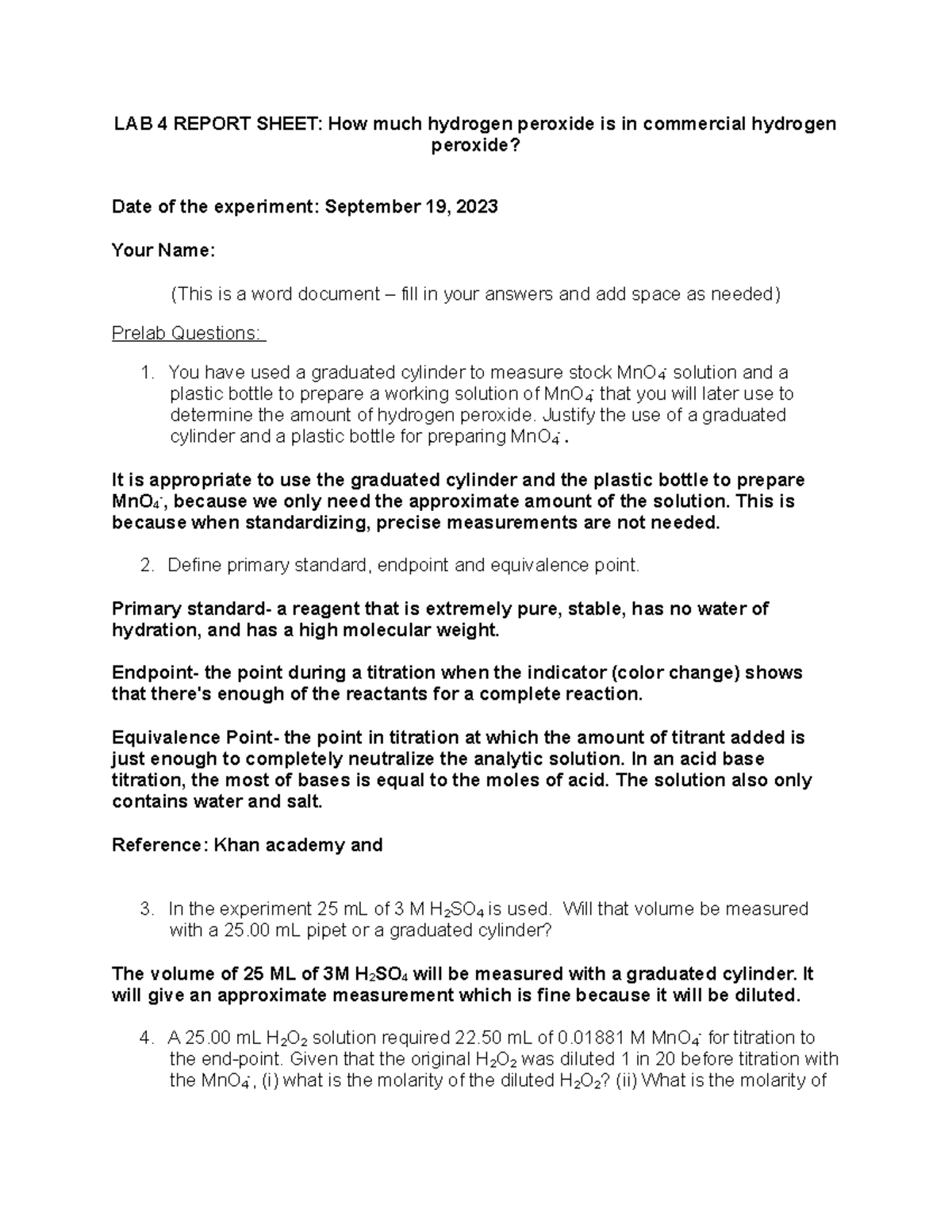 Lab 4 Report Sheet for how much hydrogen peroxide is in commercial hydrogen peroxide - LAB 4 ...