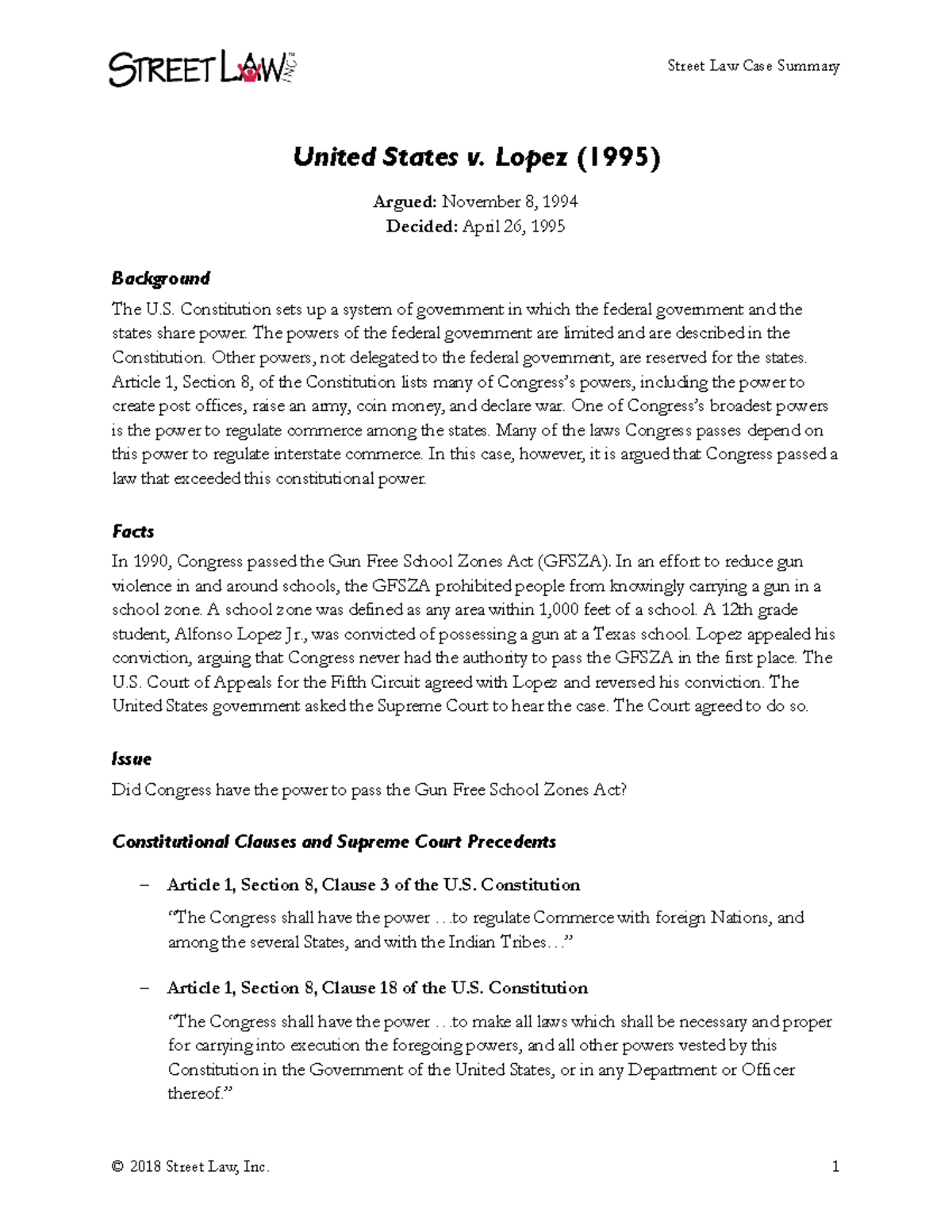 US v Lopez Document - Street Law Case Summary United States v. Lopez ...