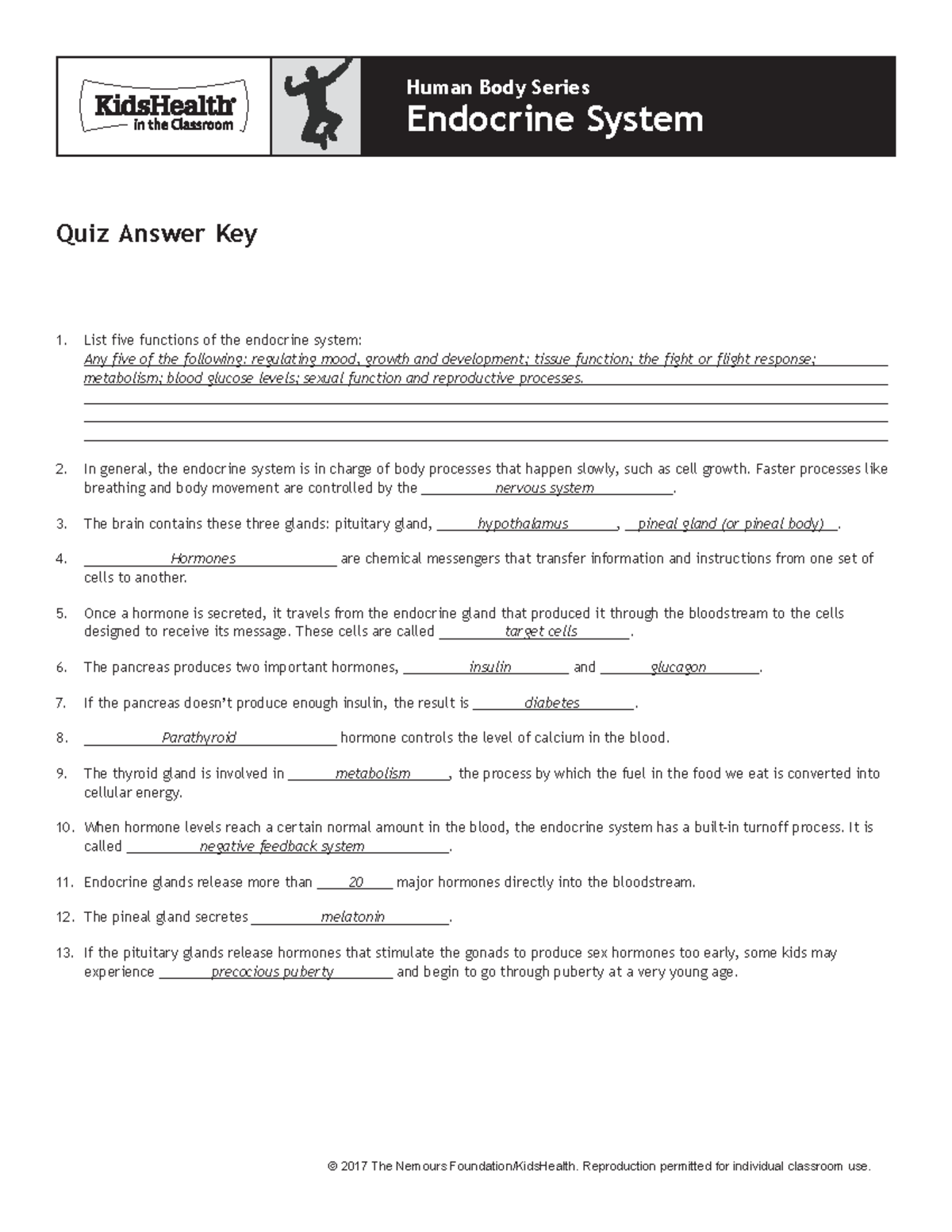 Endocrine quiz answers - © 201 7 The Nemours Foundation/KidsHealth ...