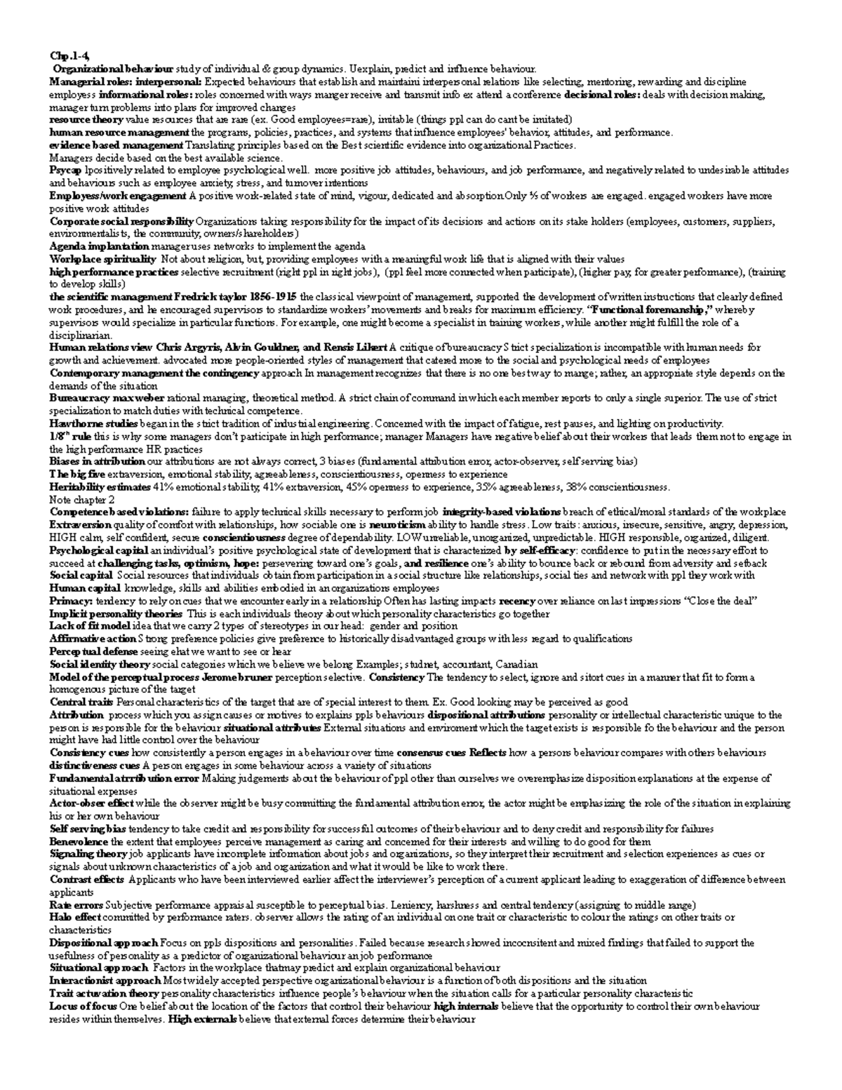 Psych 238 test 1 cheat sheet - Chp-4, Organizational behaviour study of ...