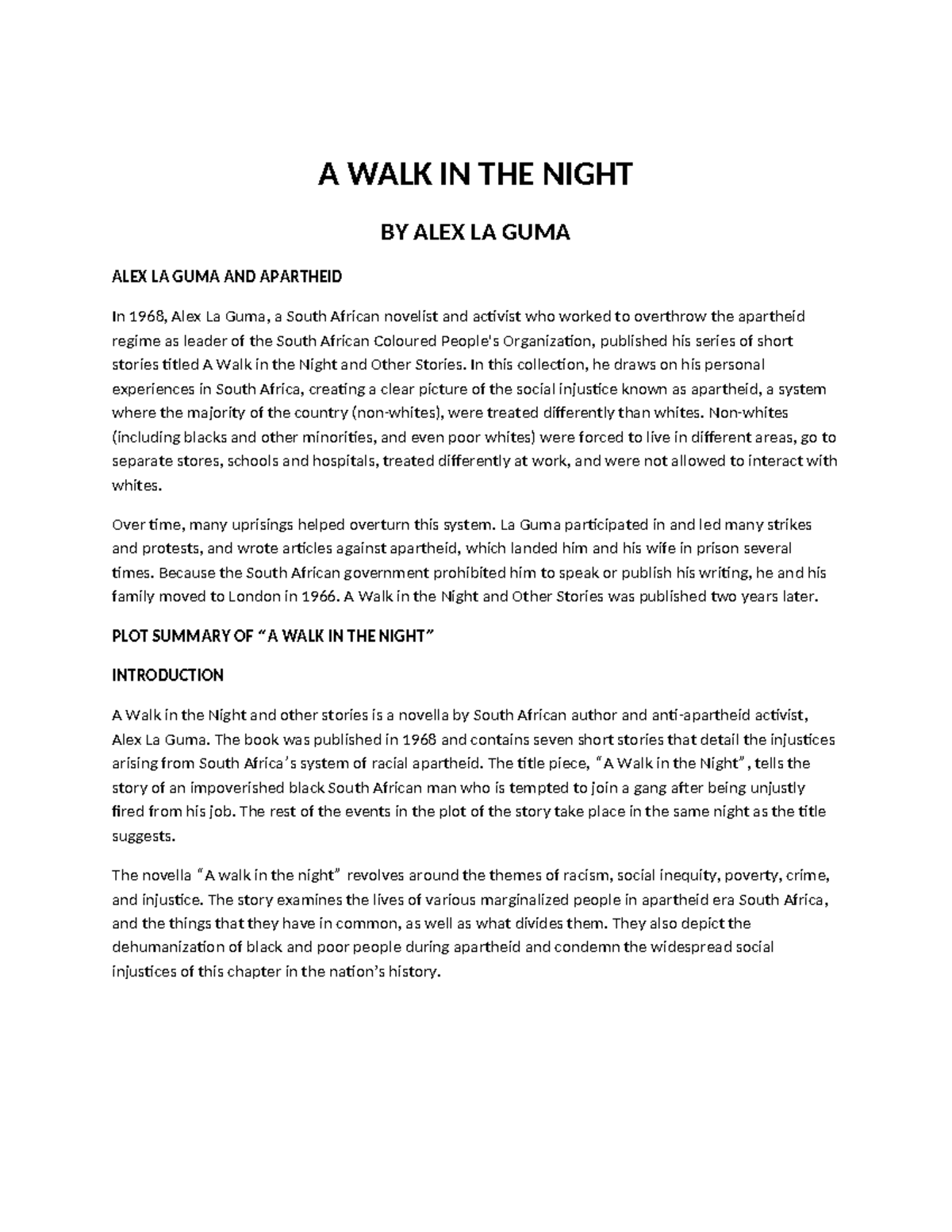 A WALK IN THE Night Notes - A WALK IN THE NIGHT BY ALEX LA GUMA ALEX LA ...
