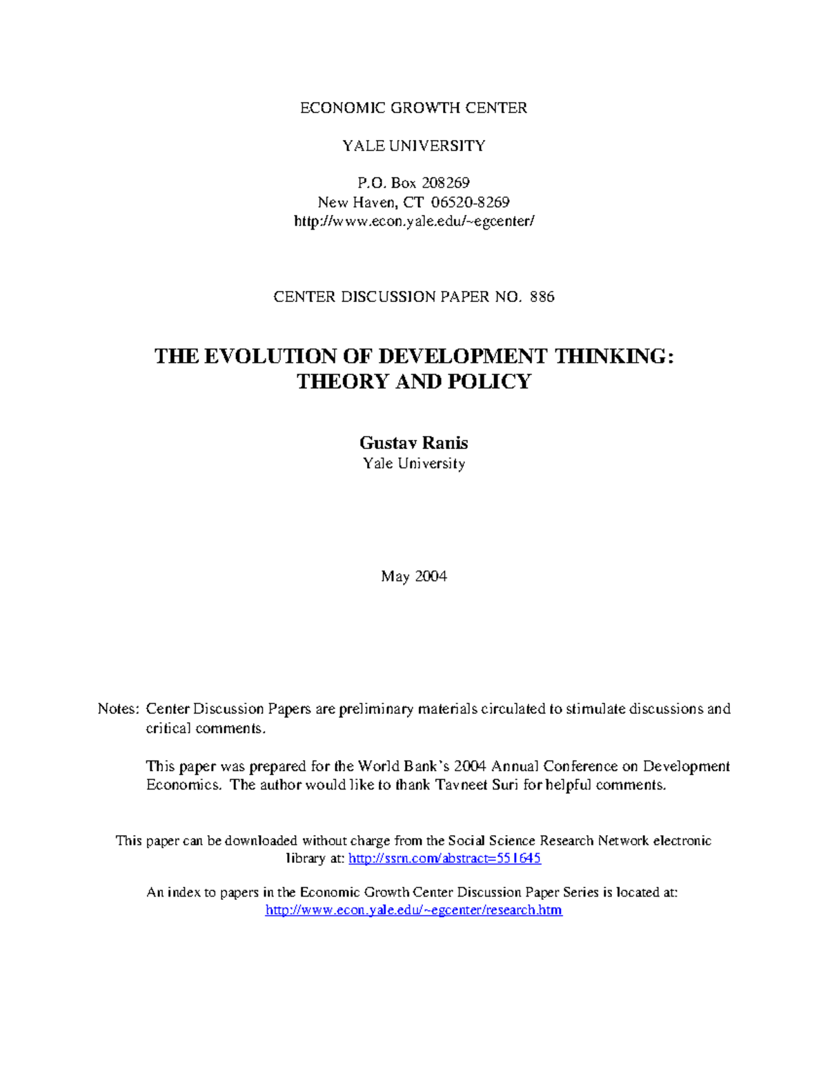 Evolution theory policy part 2 - ECONOMIC GROWTH CENTER YALE UNIVERSITY P. Box 208269 New Haven ...