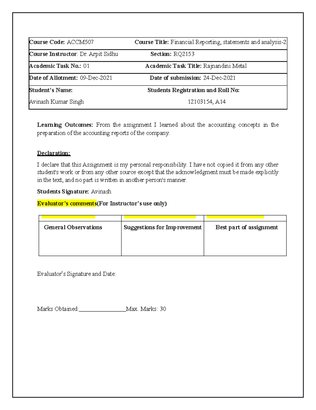 ACCM507 Avinash - this is an assignment of accounts - Course Code ...