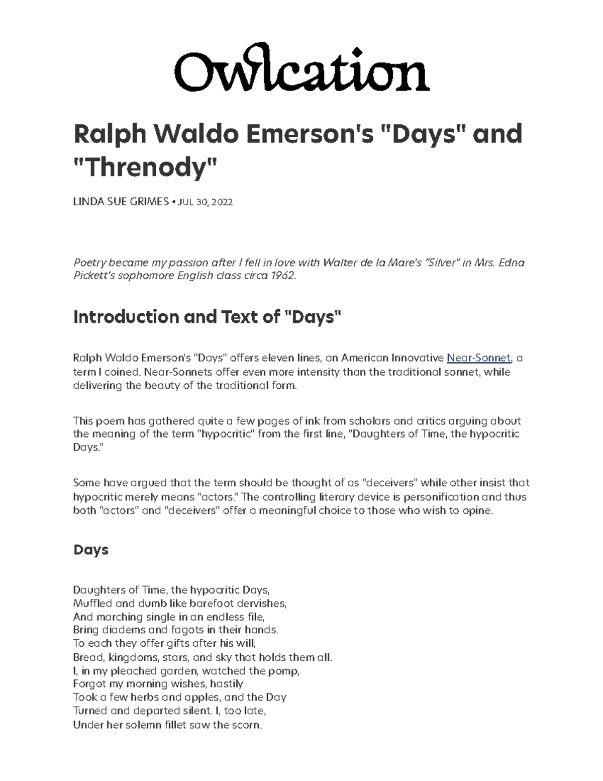 Ralph Waldo Emerson's Days and Threnody - Owlcation - Ralph Waldo ...