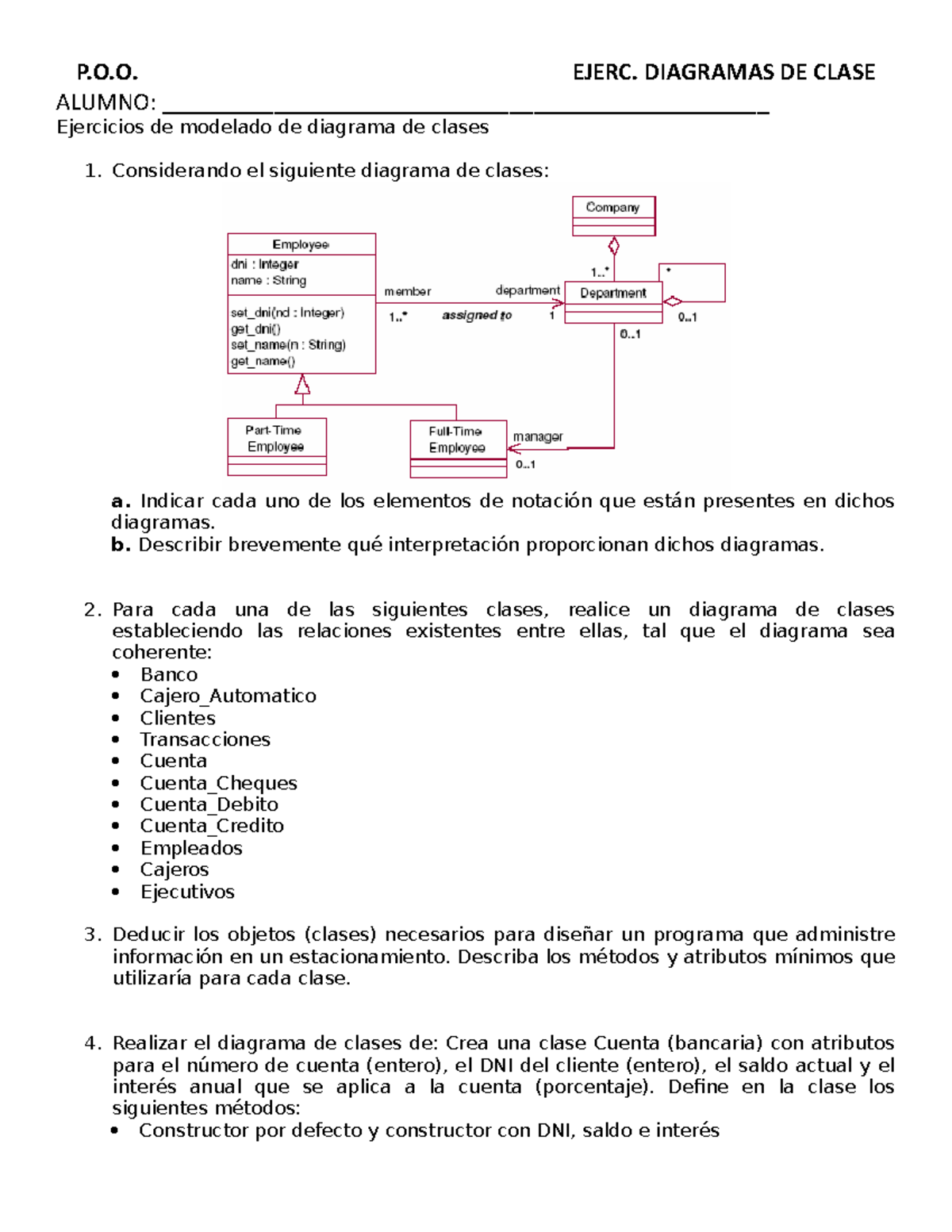 Ejerc Modelado Diagrama Clases - P.O. EJERC. DIAGRAMAS DE CLASE ALUMNO: - Studocu
