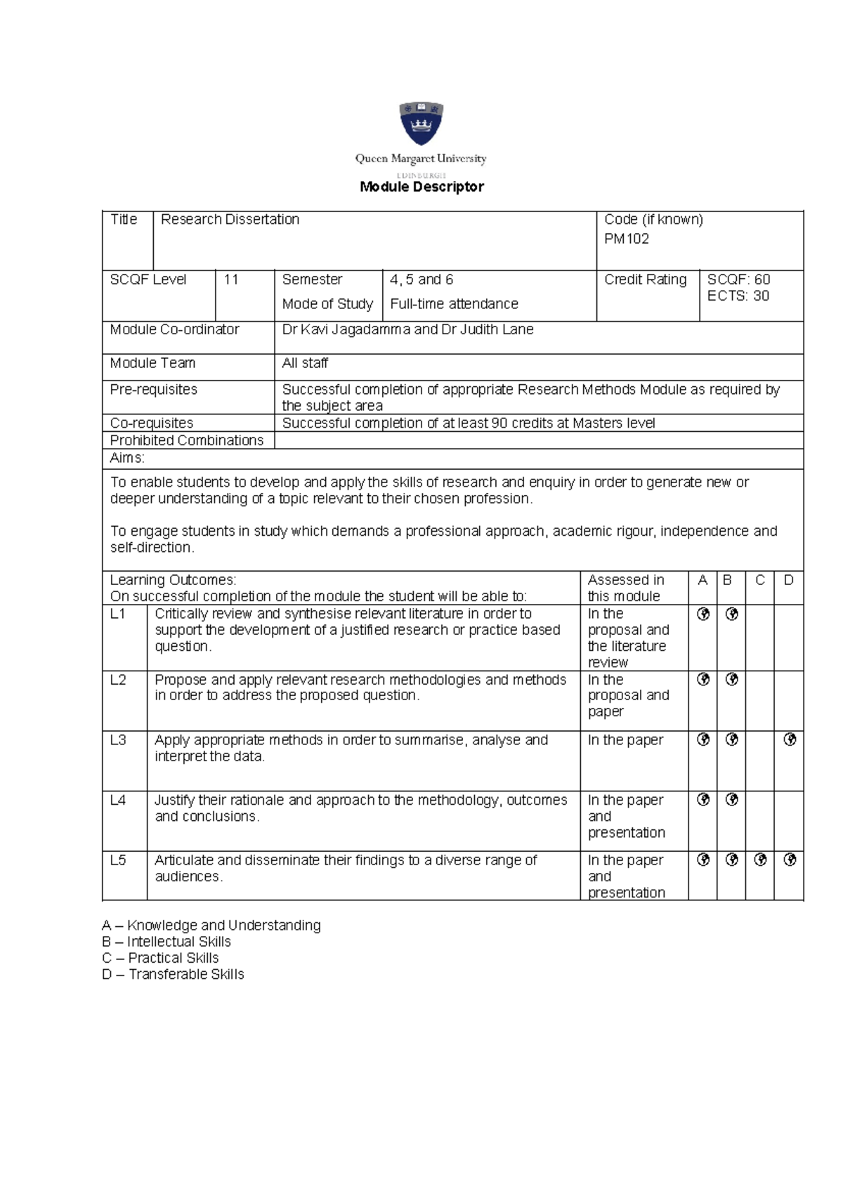 PM102 Research Dissertation Module Descriptor - Module Descriptor Title ...