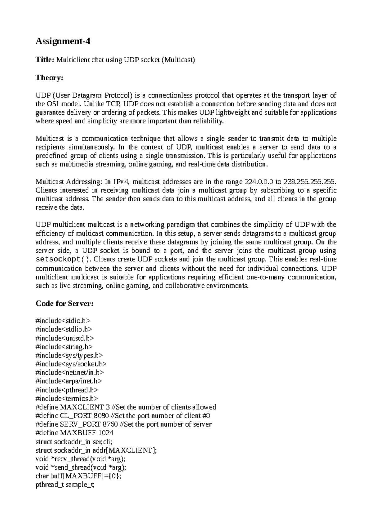 Assgn 4udp Multiclient Multicast Assignment Title Multiclient