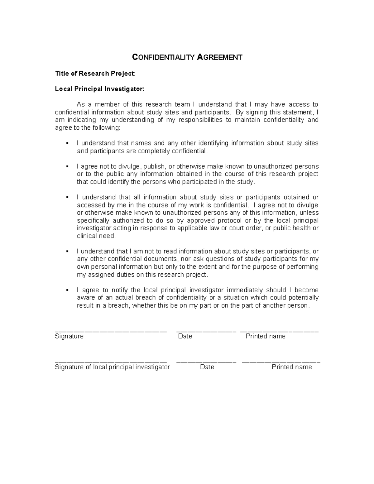 Confidentiality Agreement - CONFIDENTIALITY AGREEMENT Title of Research ...
