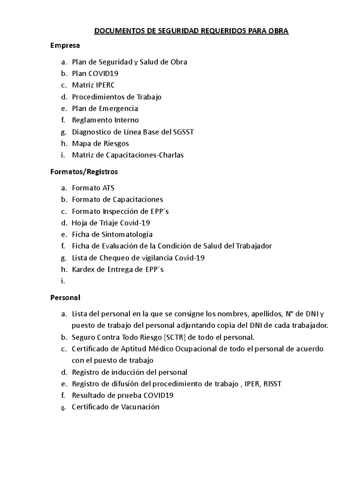 00 documentos requeridos para obra - DOCUMENTOS DE SEGURIDAD REQUERIDOS ...