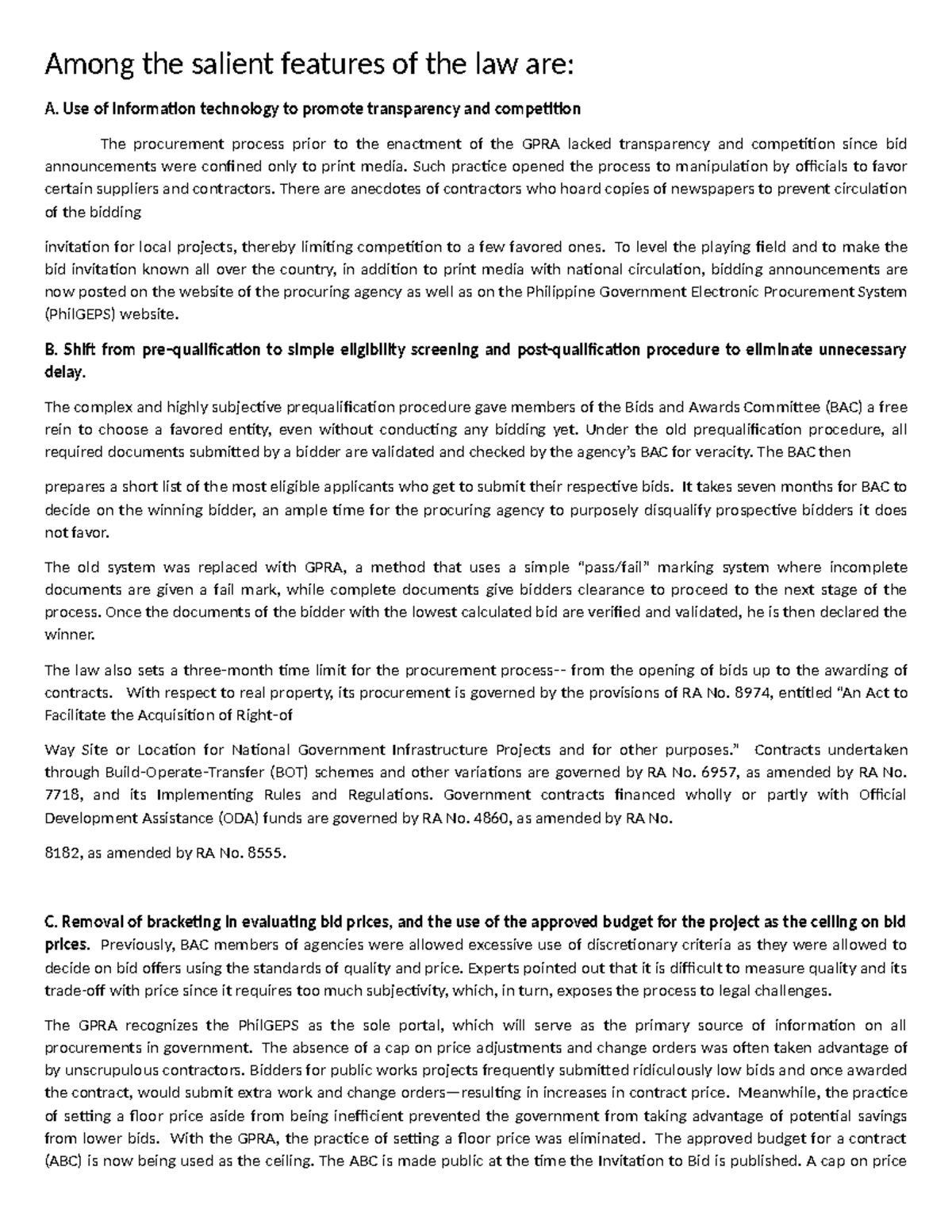 RA 9184 Salient - for information - Among the salient features of the ...