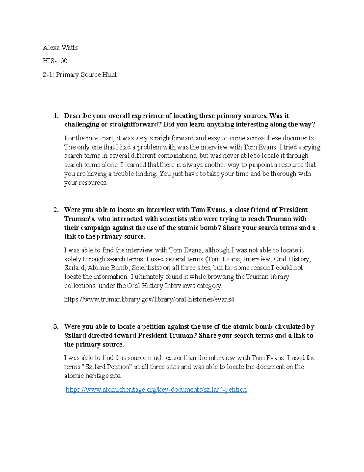 Short Response 2-1 Primary Source Hunt - Alexa Watts HIS- 2-1: Primary ...