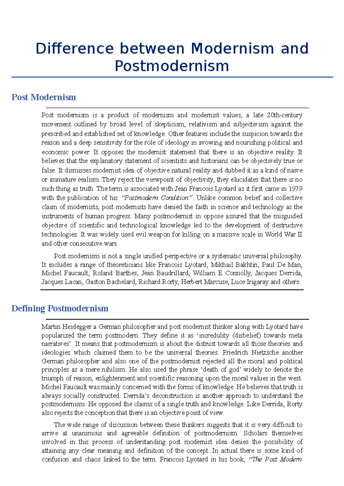 Difference Between Modernism And Postmodernism Difference Between