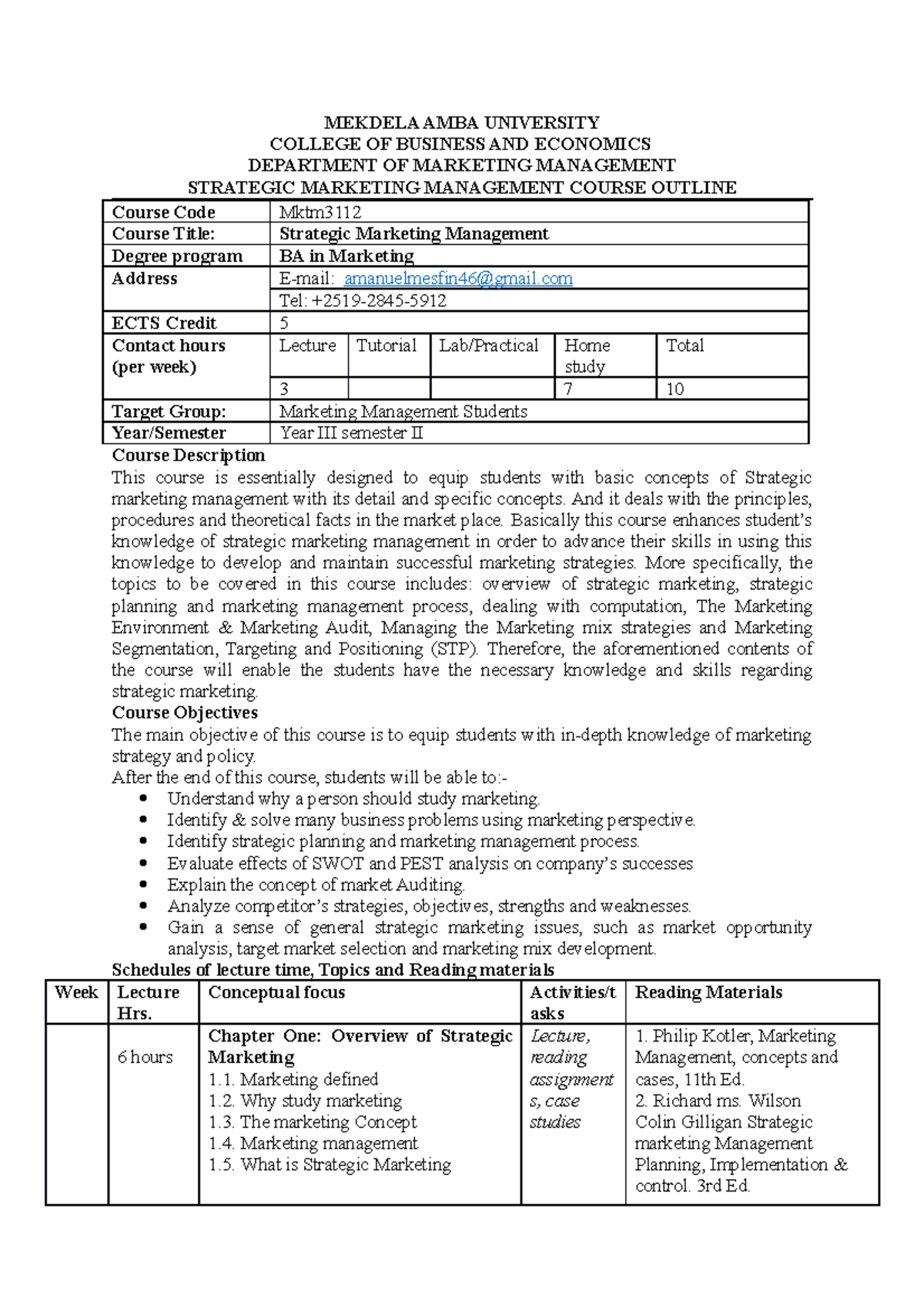 strategic management course outline - MEKDELA AMBA UNIVERSITY COLLEGE ...