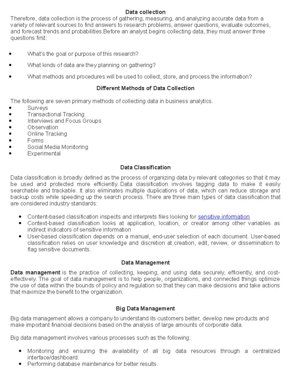 Data analyis - notes - Data collection Therefore, data collection is ...