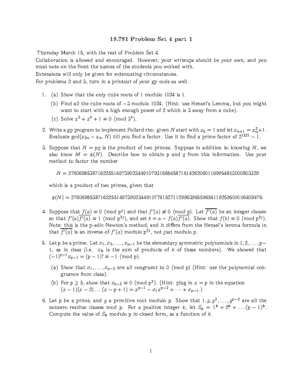 MIT18 781S12 pset4-1 - dasfasfasdfa - 18 Problem Set 4 part 1 Thursday March 15, with the rest ...