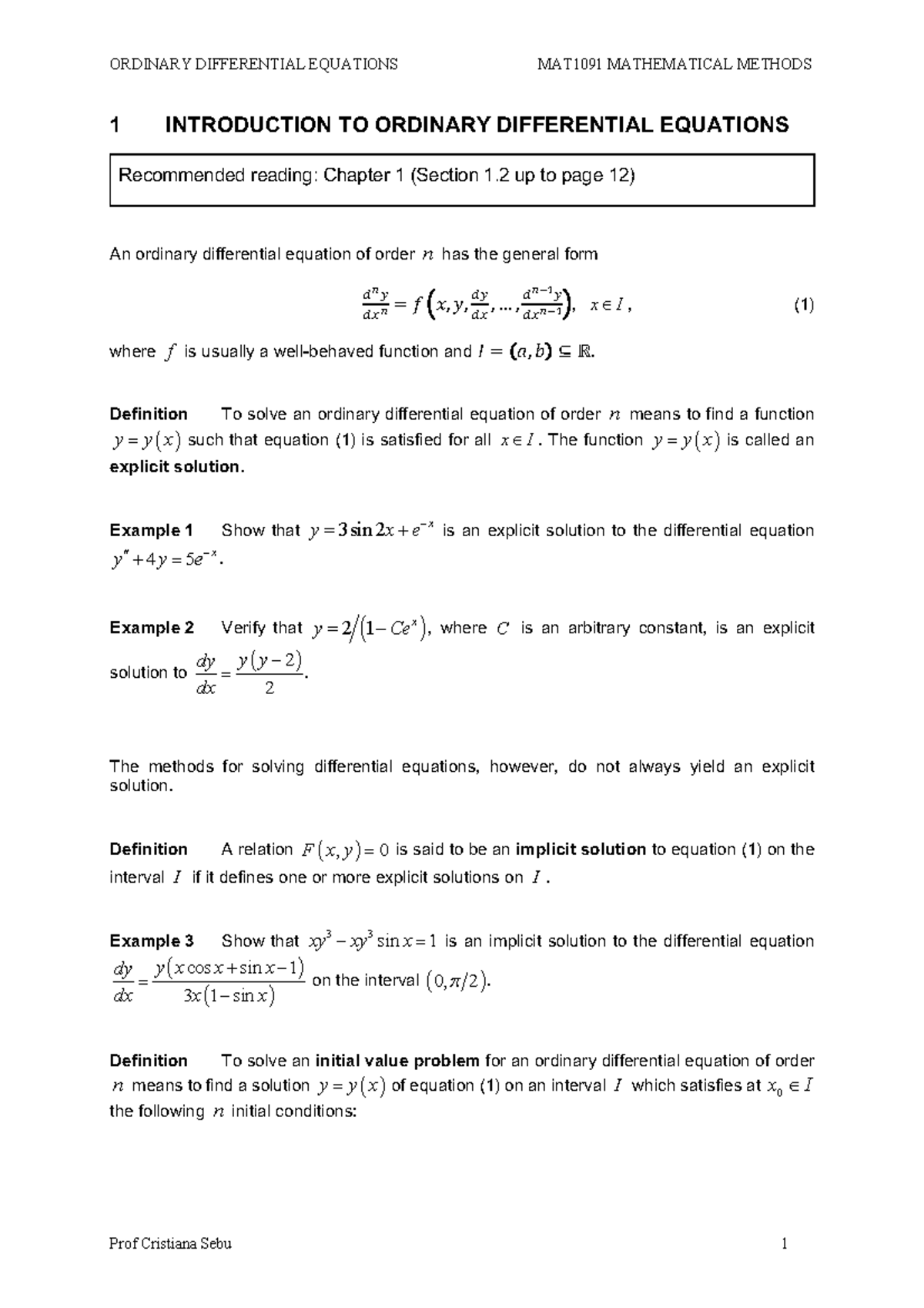 Ordinary Diff. Eqn. Lecture Notes - 1 INTRODUCTION TO ORDINARY ...