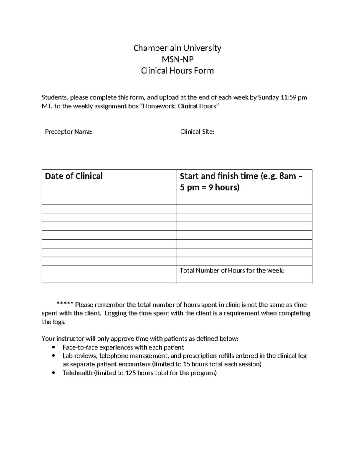 Clinical Hours Form - Chamberlain University MSN-NP Clinical Hours Form ...