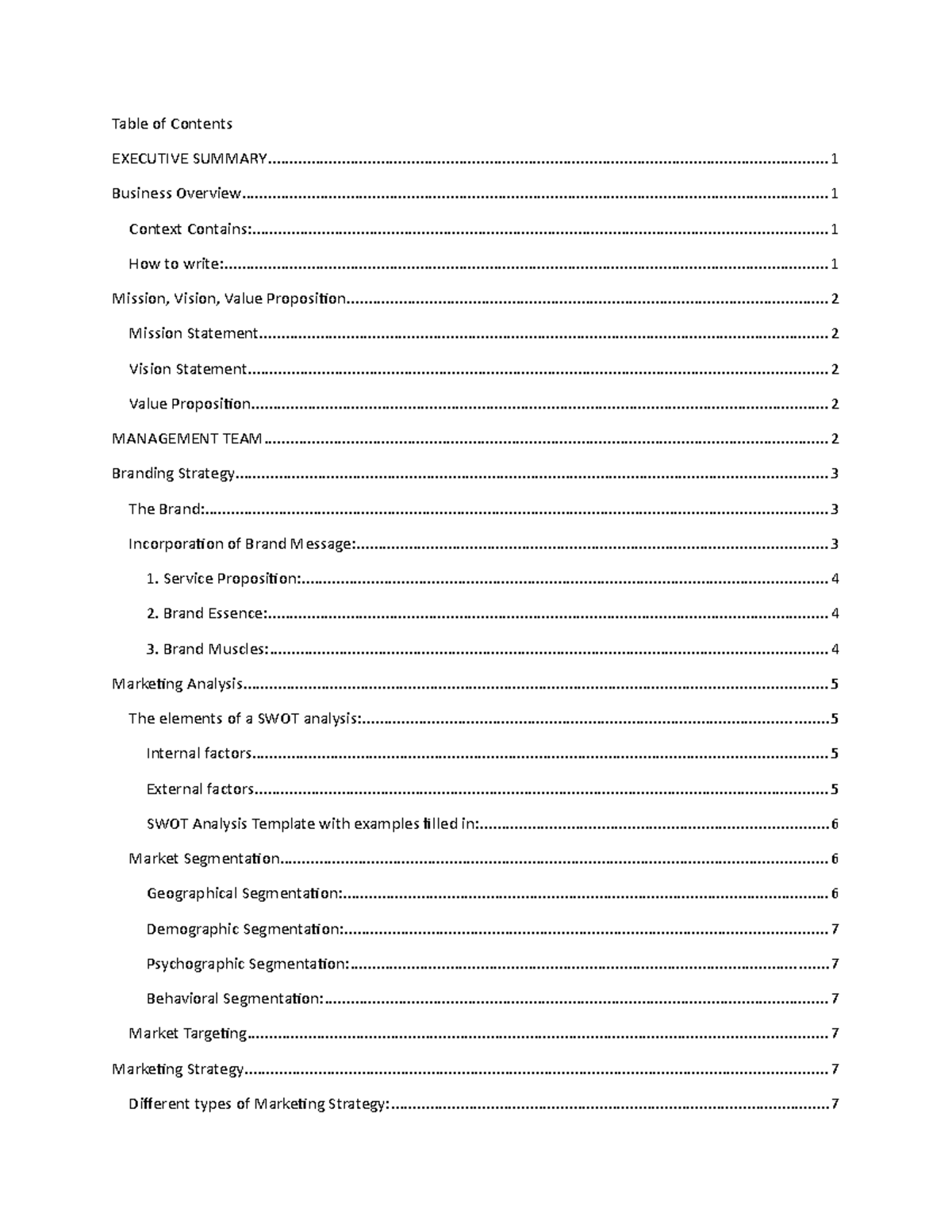 Business-Plan-Theory - Table of Contents EXECUTIVE - Studocu