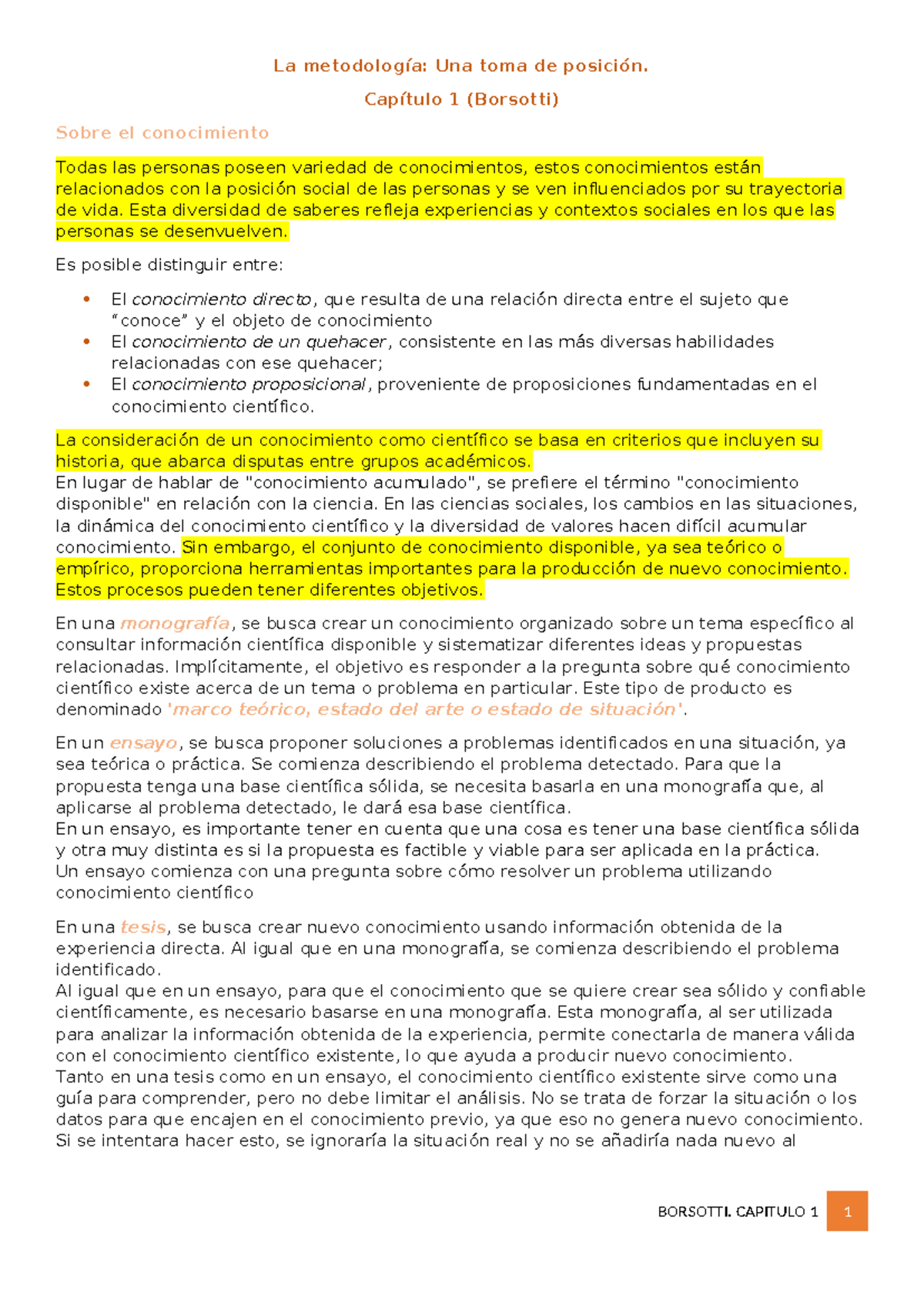 Resumen Borsotti Capitulo 1 - La metodología: Una toma de posición. Capítulo 1 (Borsotti) Sobre ...