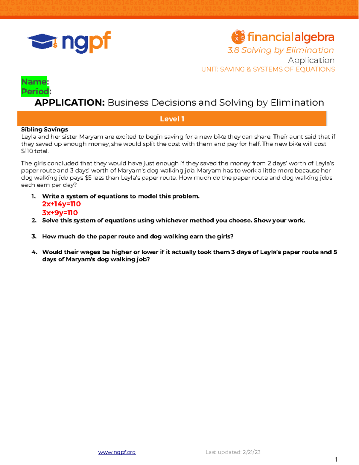 Application FA-3.8 Student - 3 Solving by Elimination Application UNIT ...