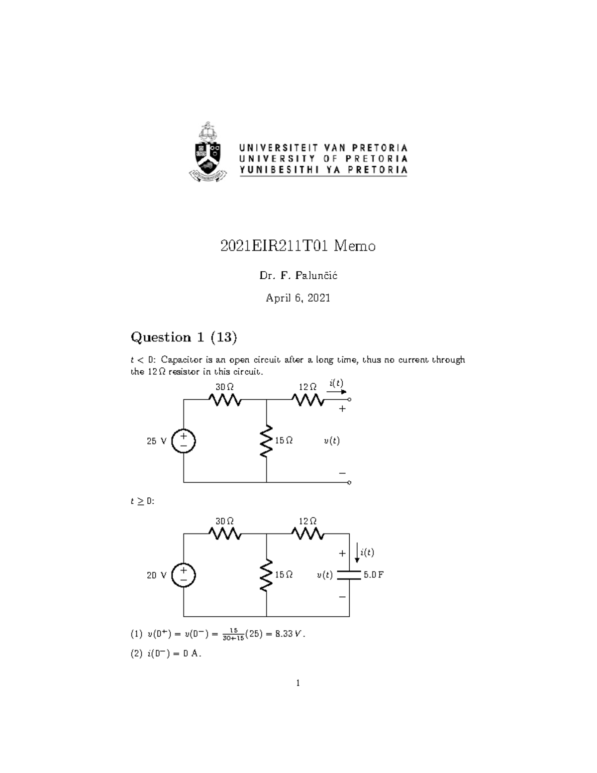 2021EIR211T01 memo - Electrical Engineering Tutorial 1 memo ...