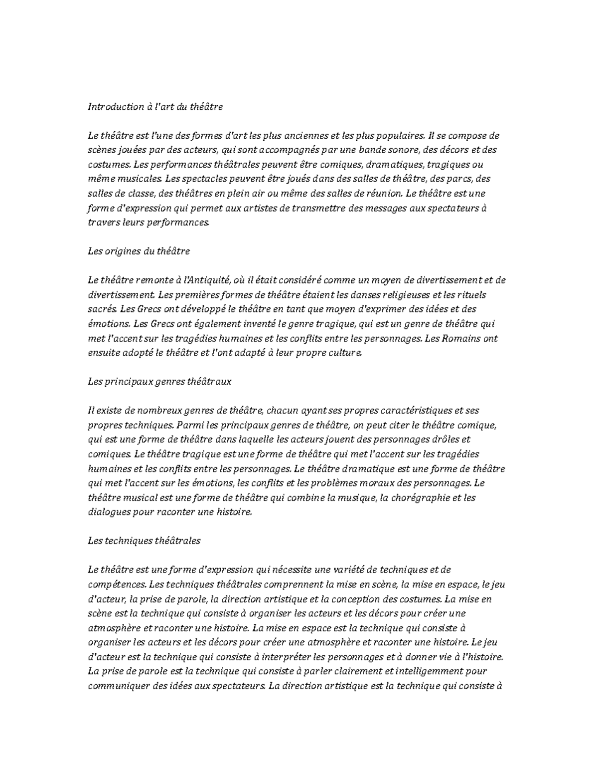 Theater Arts Study Notes - Introduction à l'art du théâtre Le théâtre ...