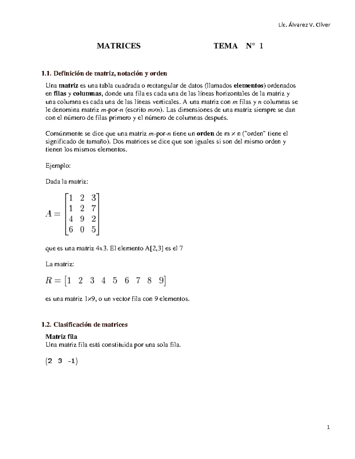 Matrices TEMA N° 1 - Tema N1 de Algebra Matricial para la carrera de ...