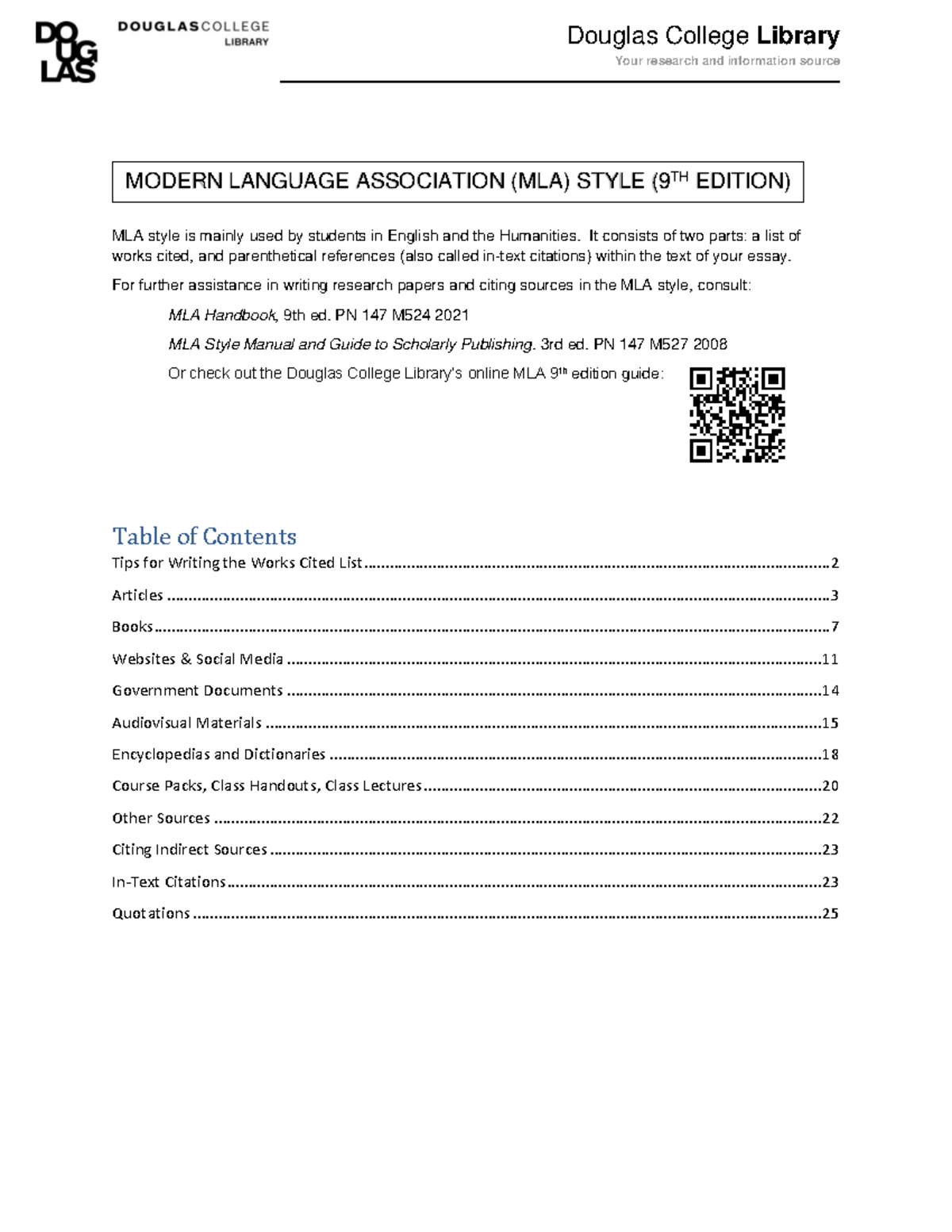 MLA 9th Edition - guide - Douglas College Library Your research and ...