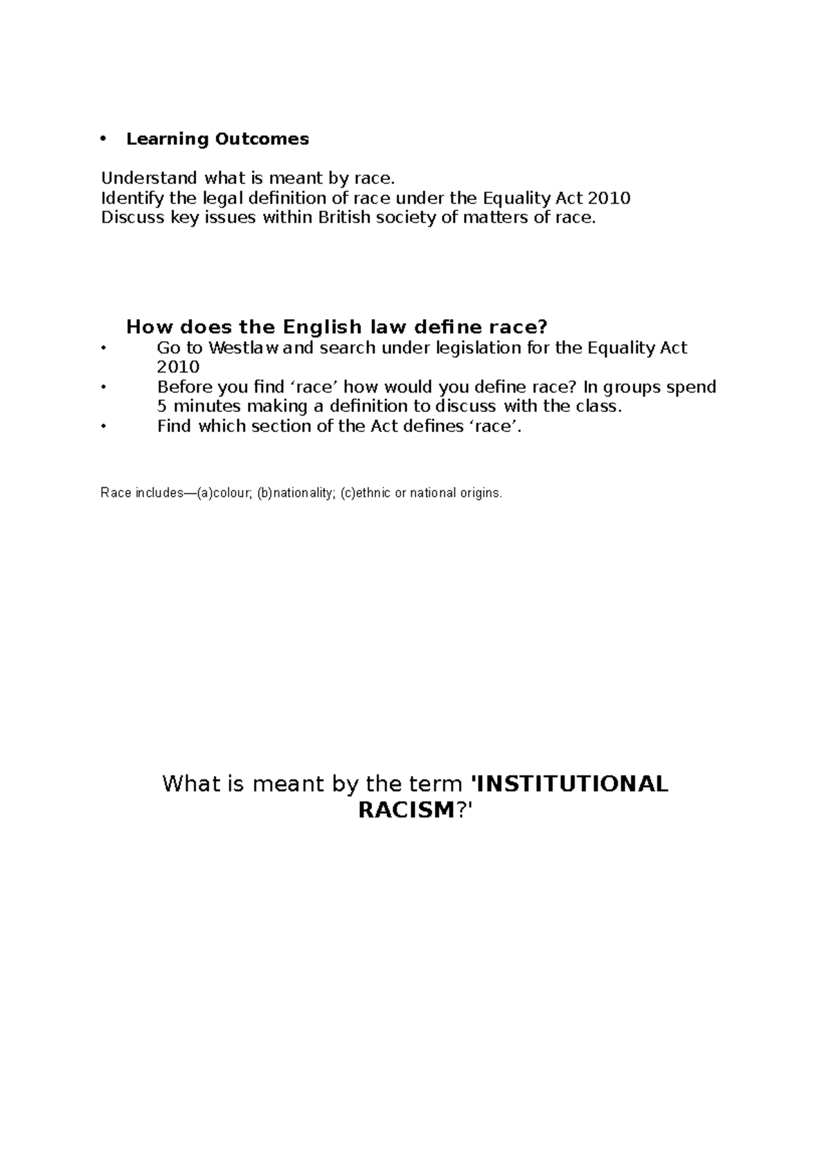 RACE LAW - Race and Race Theories. - • Learning Outcomes Understand ...