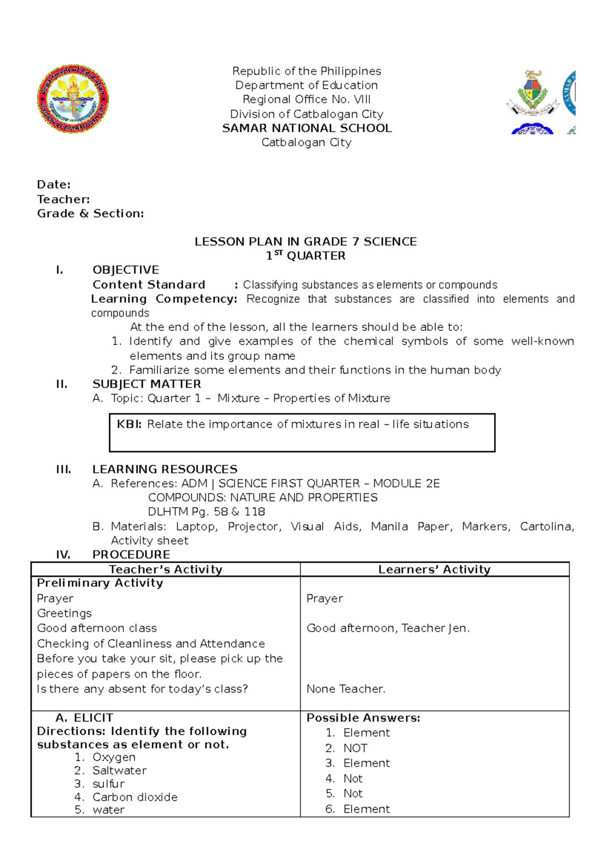 Elements - ELEMEEEEEENTS - Republic of the Philippines Department of ...