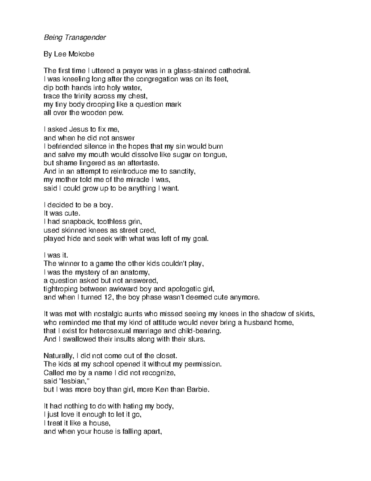 Being Transgender - Lecture notes - Being Transgender By Lee Mokobe The ...