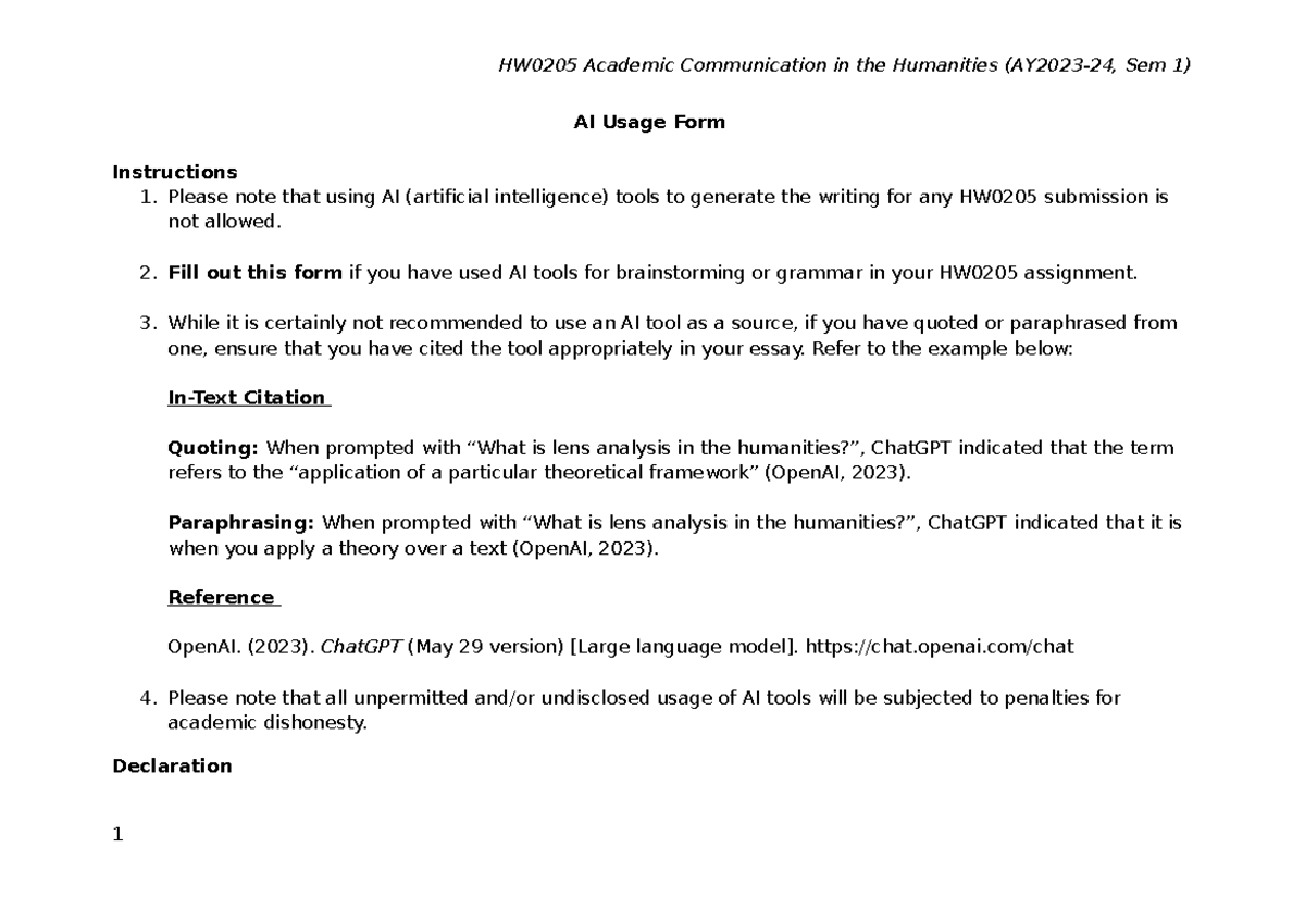 AY2324 HW0205 AI Usage Form - HW0205 Academic Communication in the ...