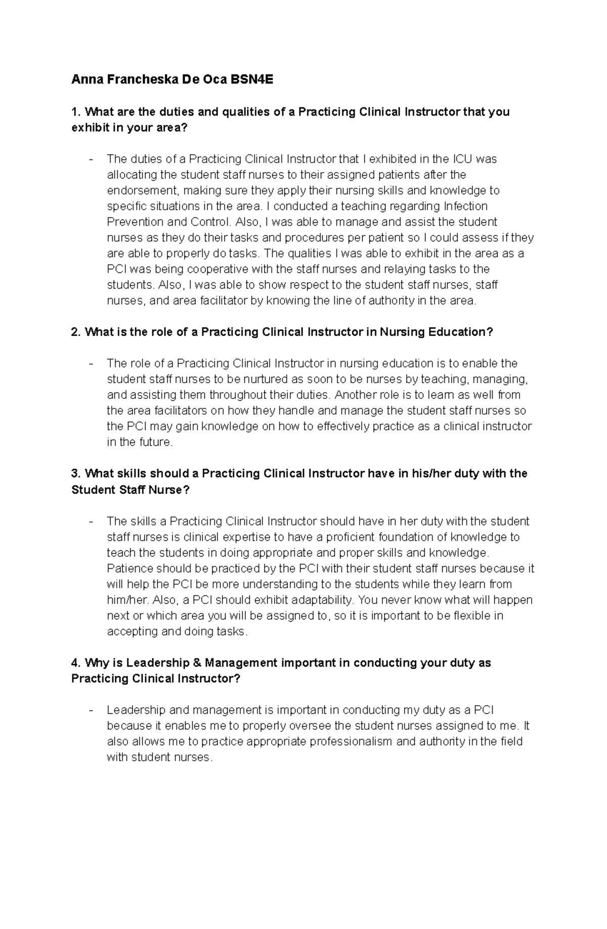PCI- Essay - Notes - Anna Francheska De Oca BSN4E 1. What are the ...