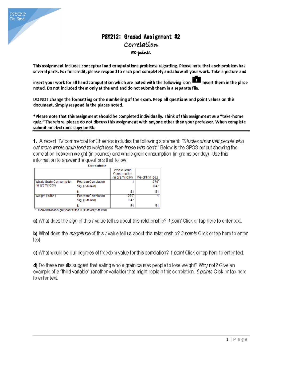 PSYC212 Graded Assignment #2 correlation(1) - Dr. Syed PSY 212 : Graded ...