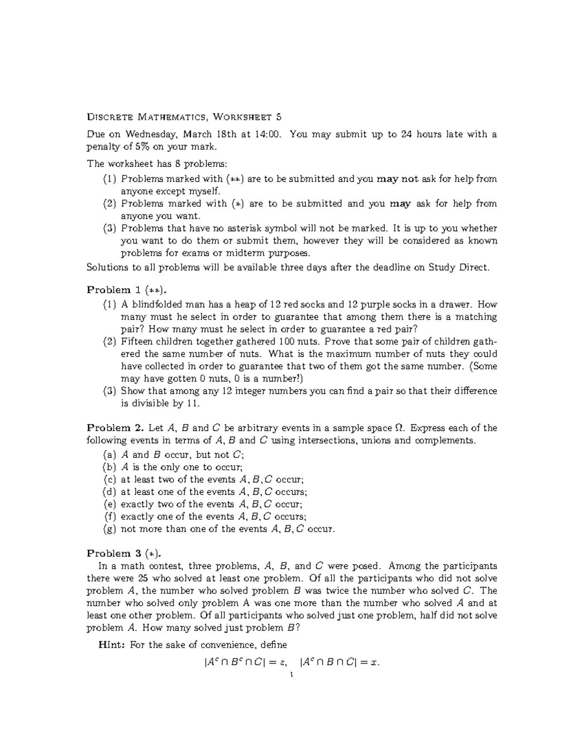 Discrete mathematics worksheet 5 - Discrete Mathematics, Worksheet 5 ...